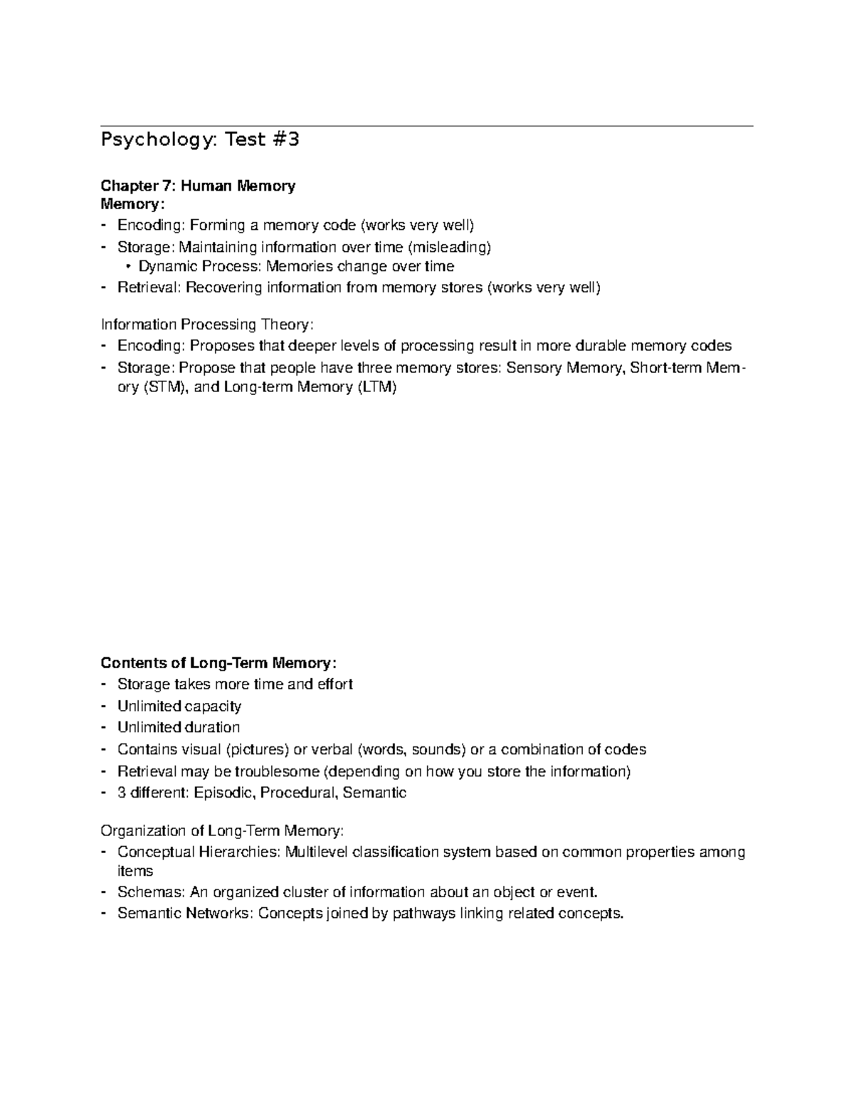 Test 3 - Confined Review - Psychology: Test Chapter 7: Human Memory ...