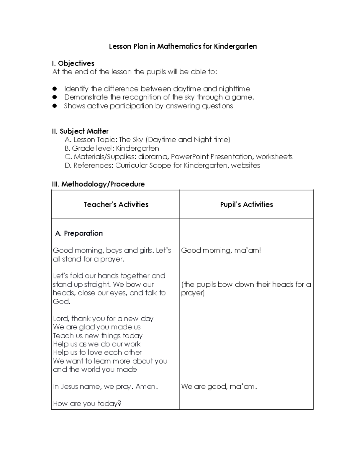 Lesson Plan in Science - Lesson Plan in Mathematics for Kindergarten I ...