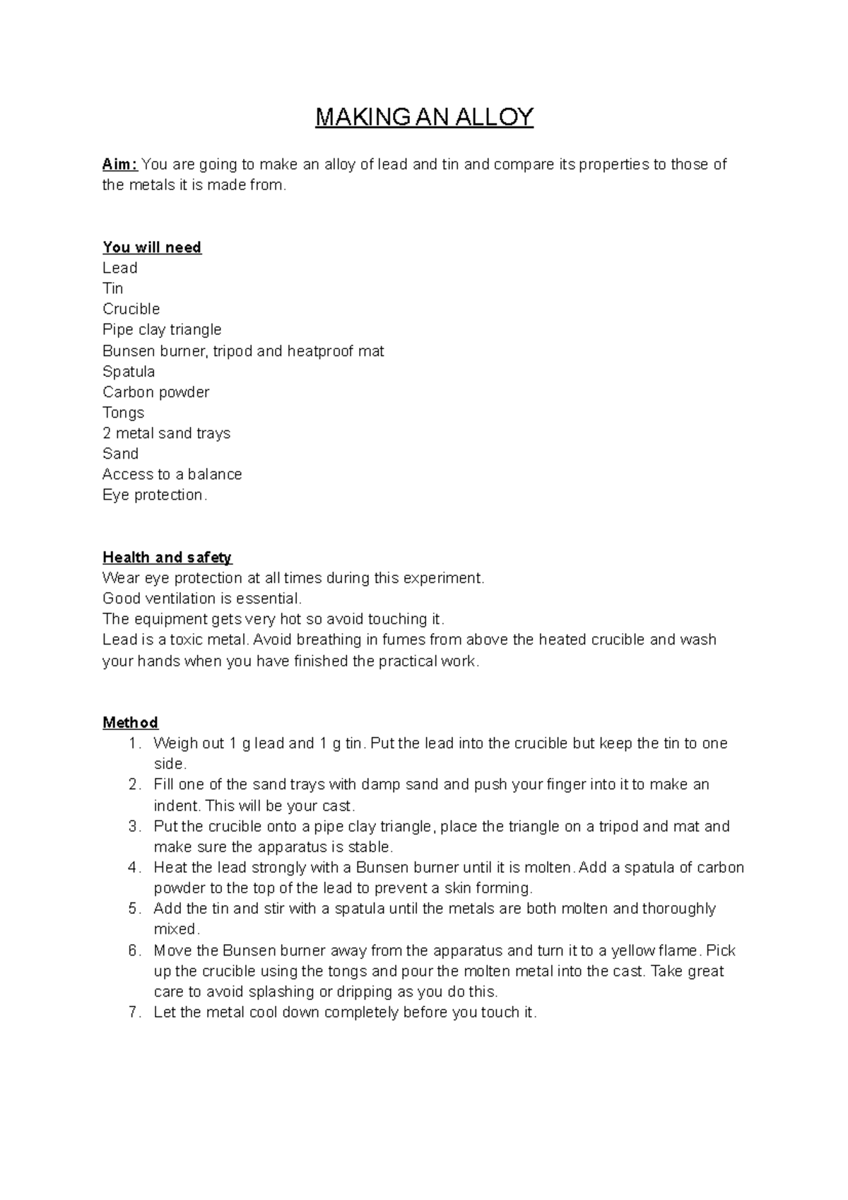 Making An Alloy - MAKING AN ALLOY Aim: You are going to make an alloy ...
