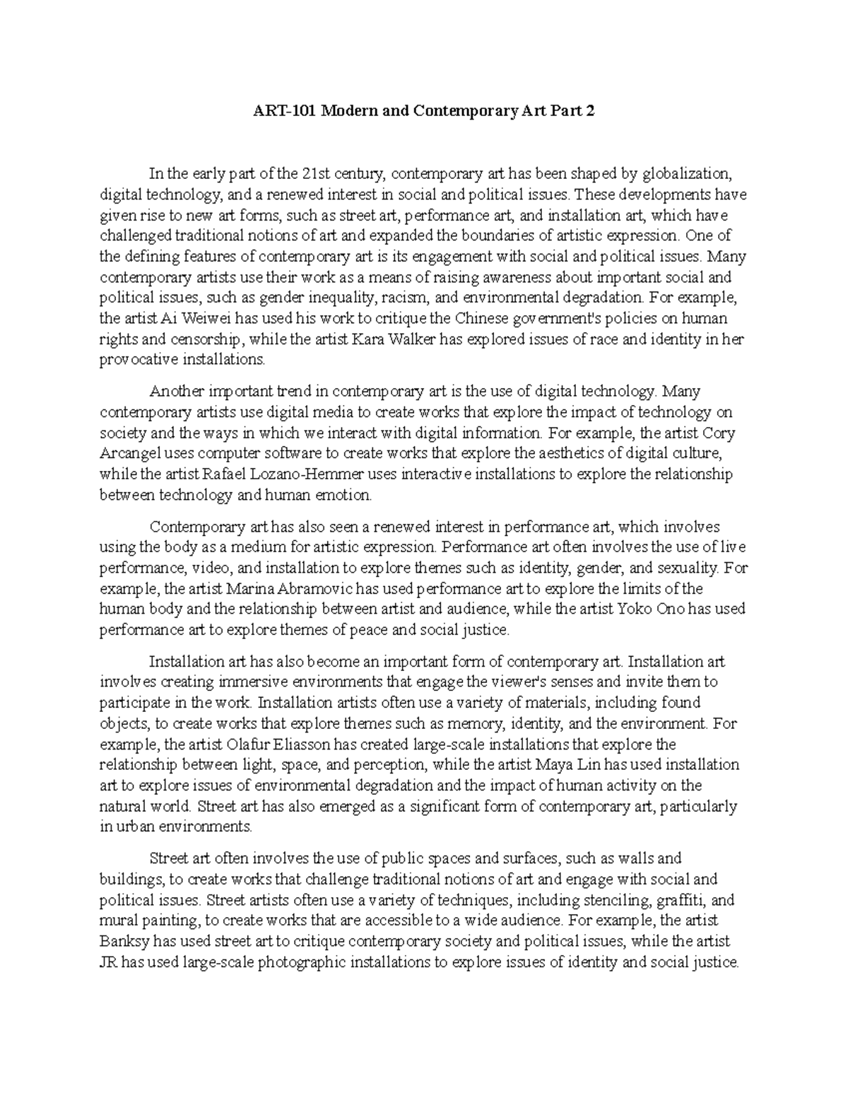 ART-101 Modern and Contemporary Art Part 2 - These developments have ...