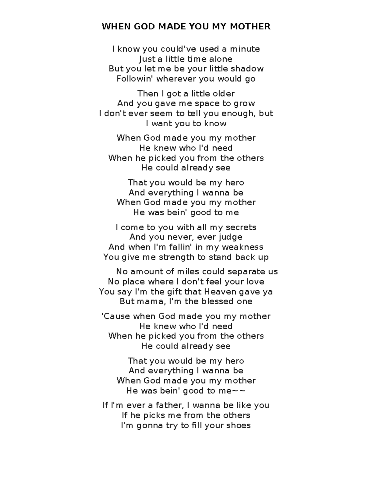 WHEN GOD MADE YOU MY Mother - WHEN GOD MADE YOU MY MOTHER I know you ...