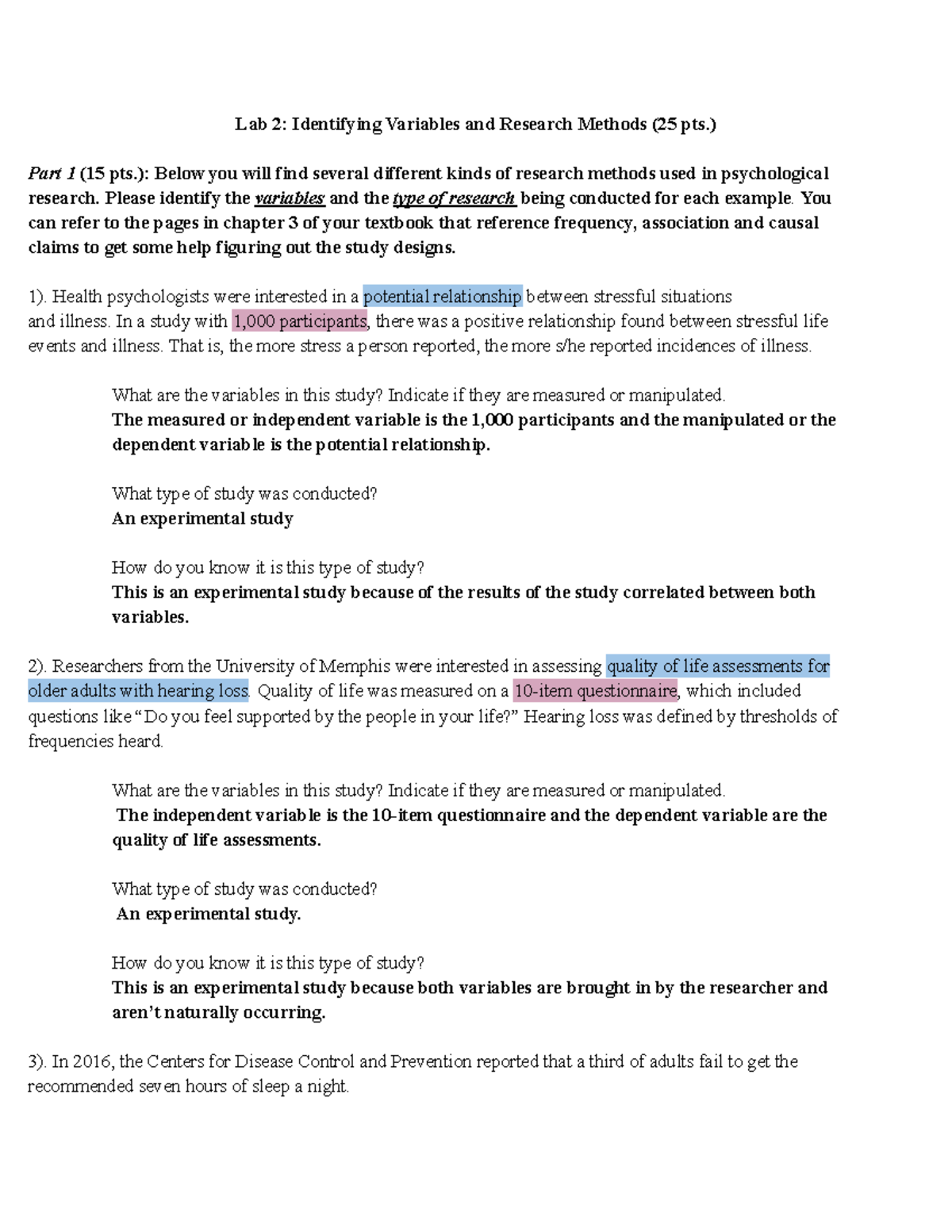 Lab 2 Identifying Variables and Research Methods - ) Part 1 (15 pts.): Below you will find ...