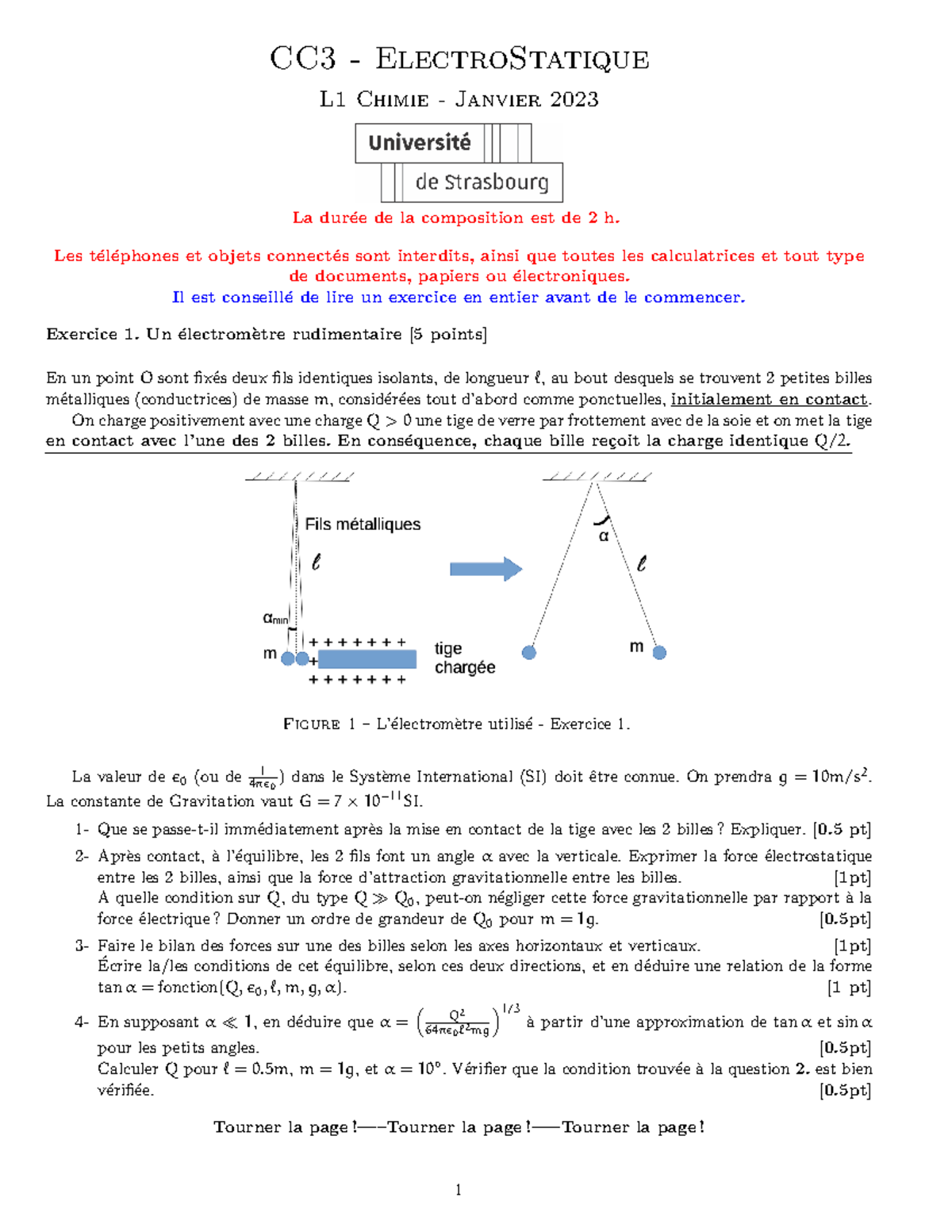 L1 CC 2022-23 vf - cc 1 - CC3 - ElectroStatique L1 Chimie - Janvier 2023 La dur ́ee de la - Studocu