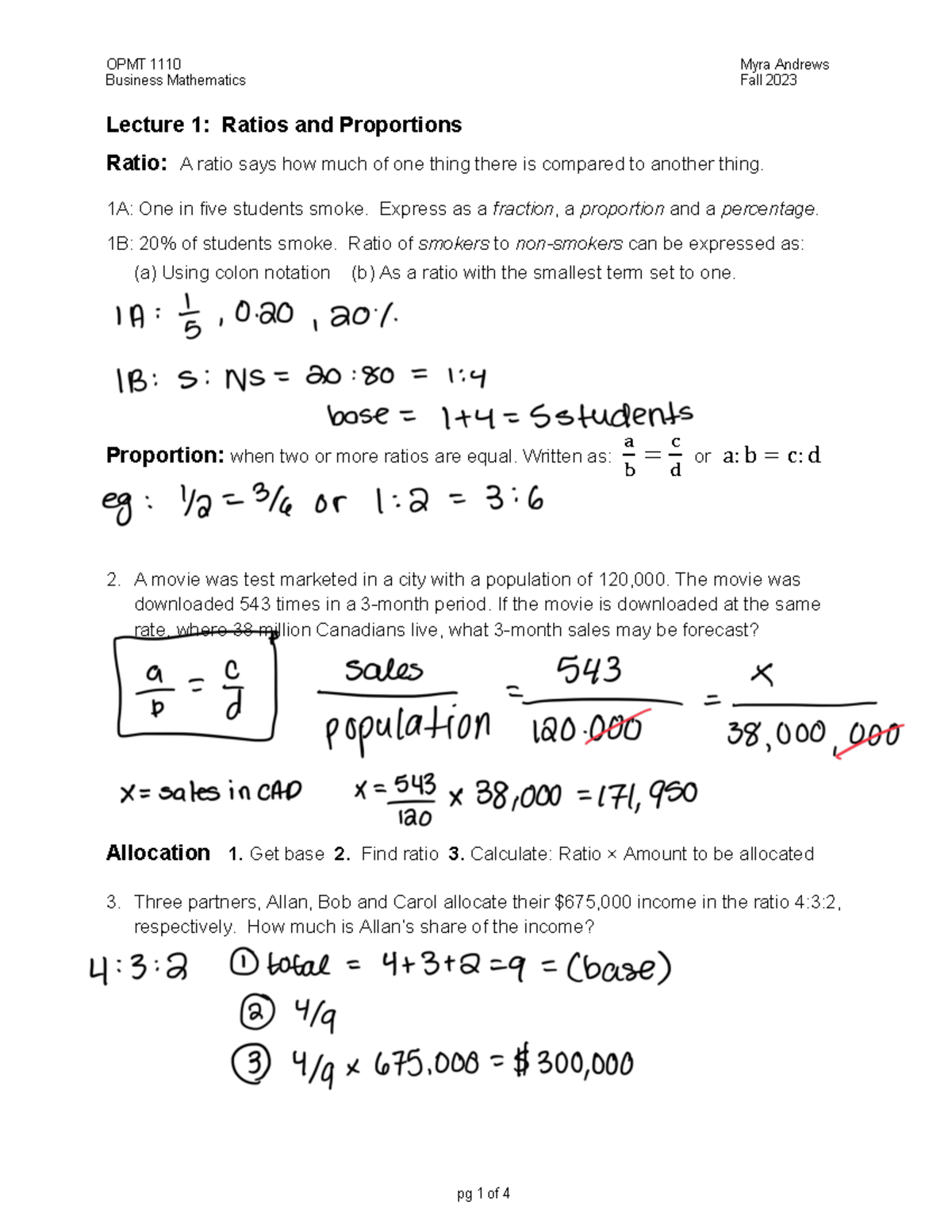 Lecture 1 - Math - Business Mathematics Fall 2023 Lecture 1: Ratios and ...