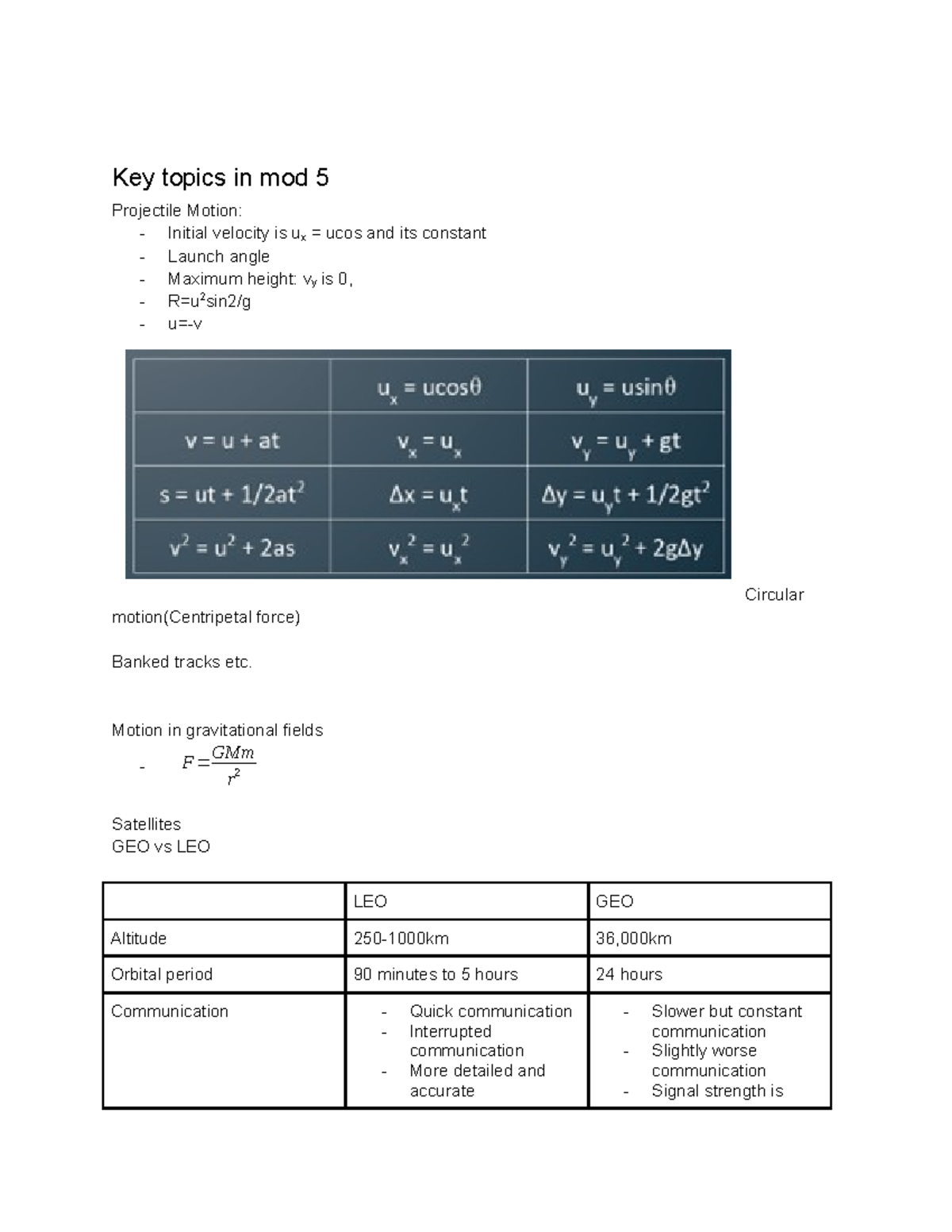 Revision Notes - Key topics in mod 5 Projectile Motion: - Initial ...