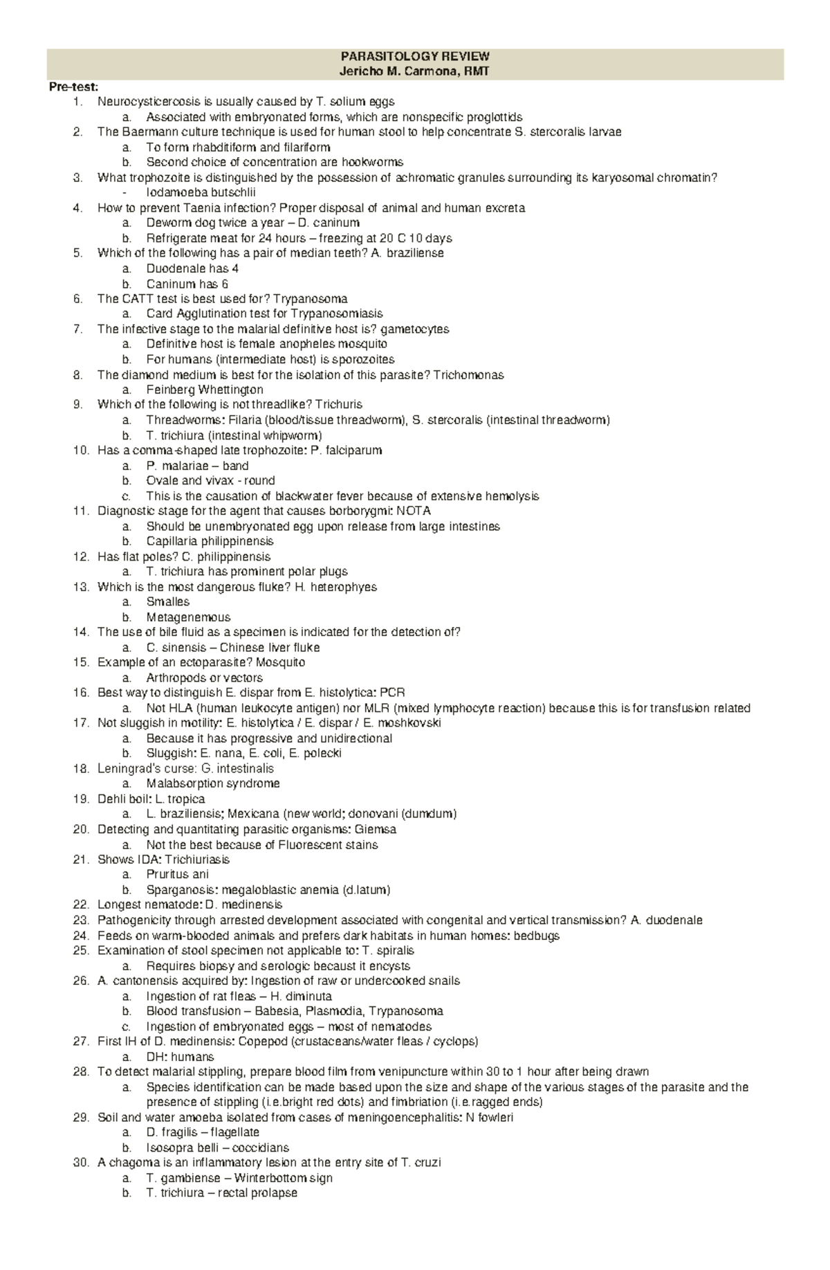 Parasitolgy Review - PARASITOLOGY REVIEW Jericho M. Carmona, RMT Pre ...