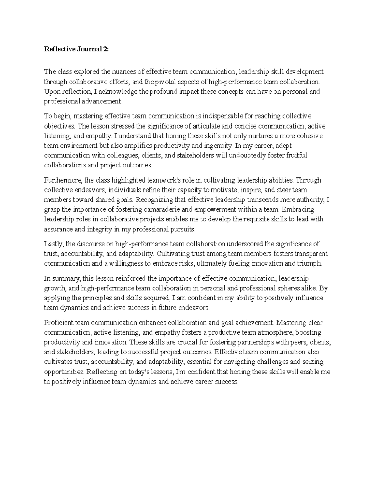 Reflective Journal 2 - Upon reflection, I acknowledge the profound ...