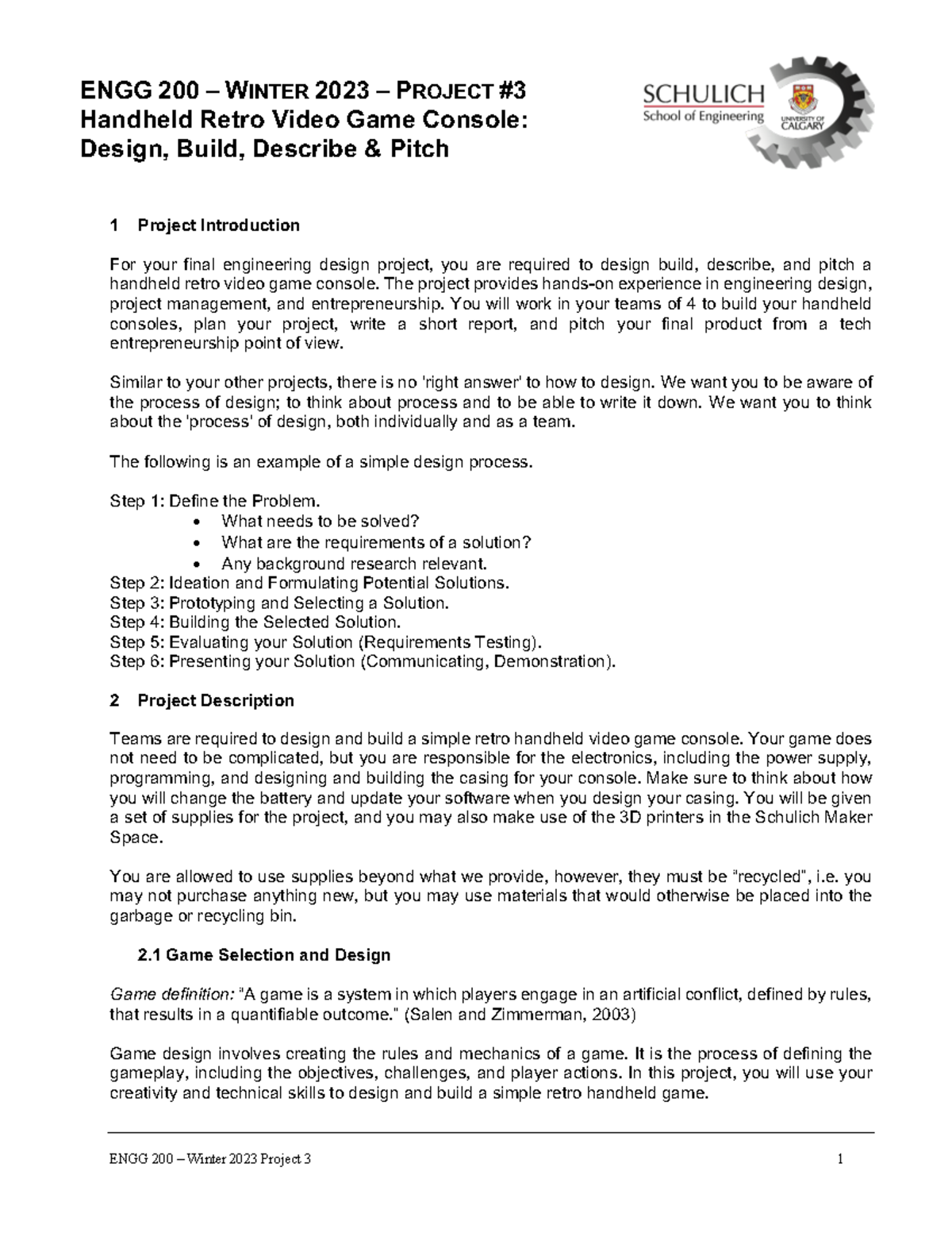 2023 Winter - ENGG 200 - Project 3 Finaldocx - 1 Project Introduction ...