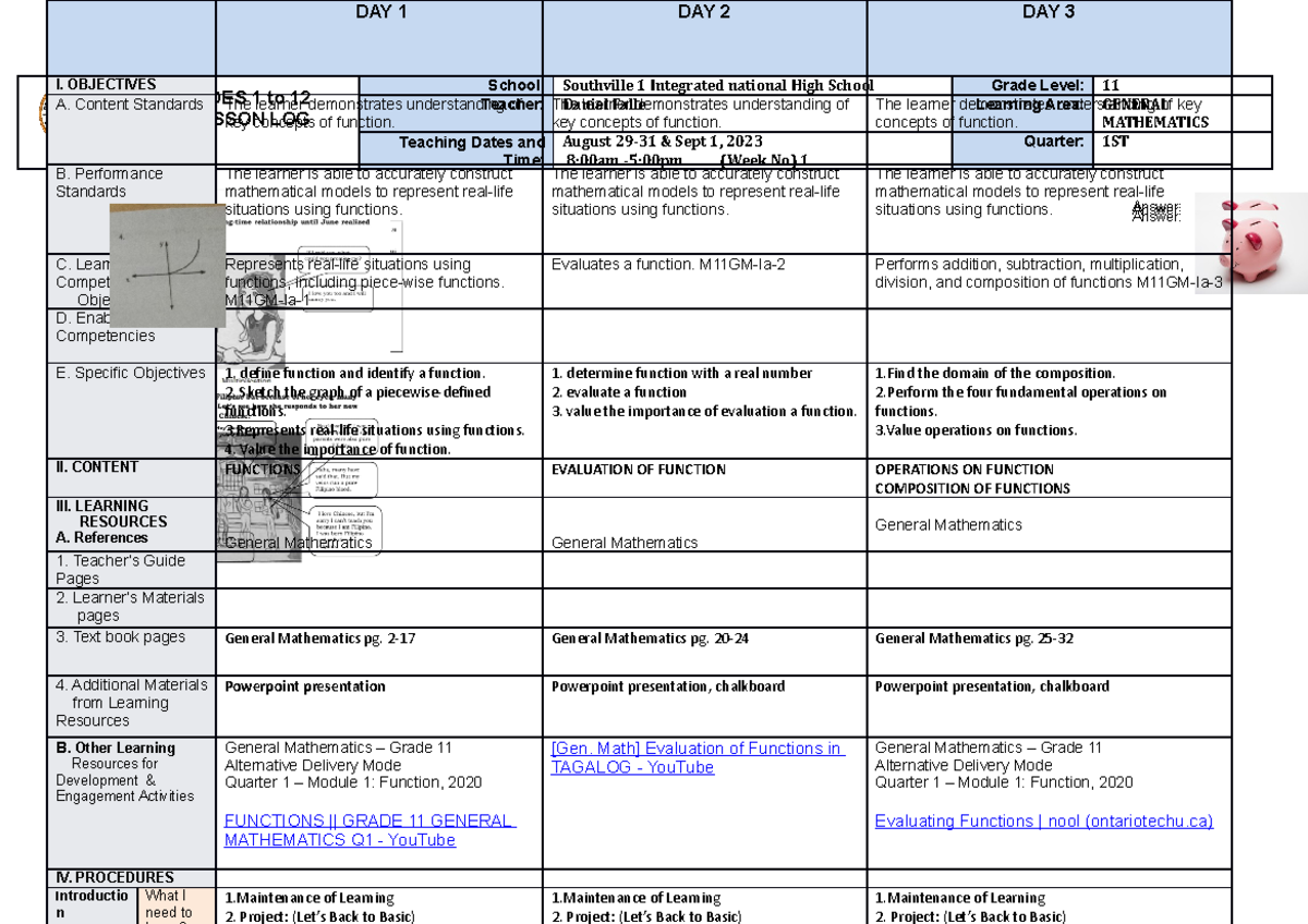 1st gen math week 1 - FIRST LESSON - GRADES 1 to 12 DAILY LESSON LOG ...