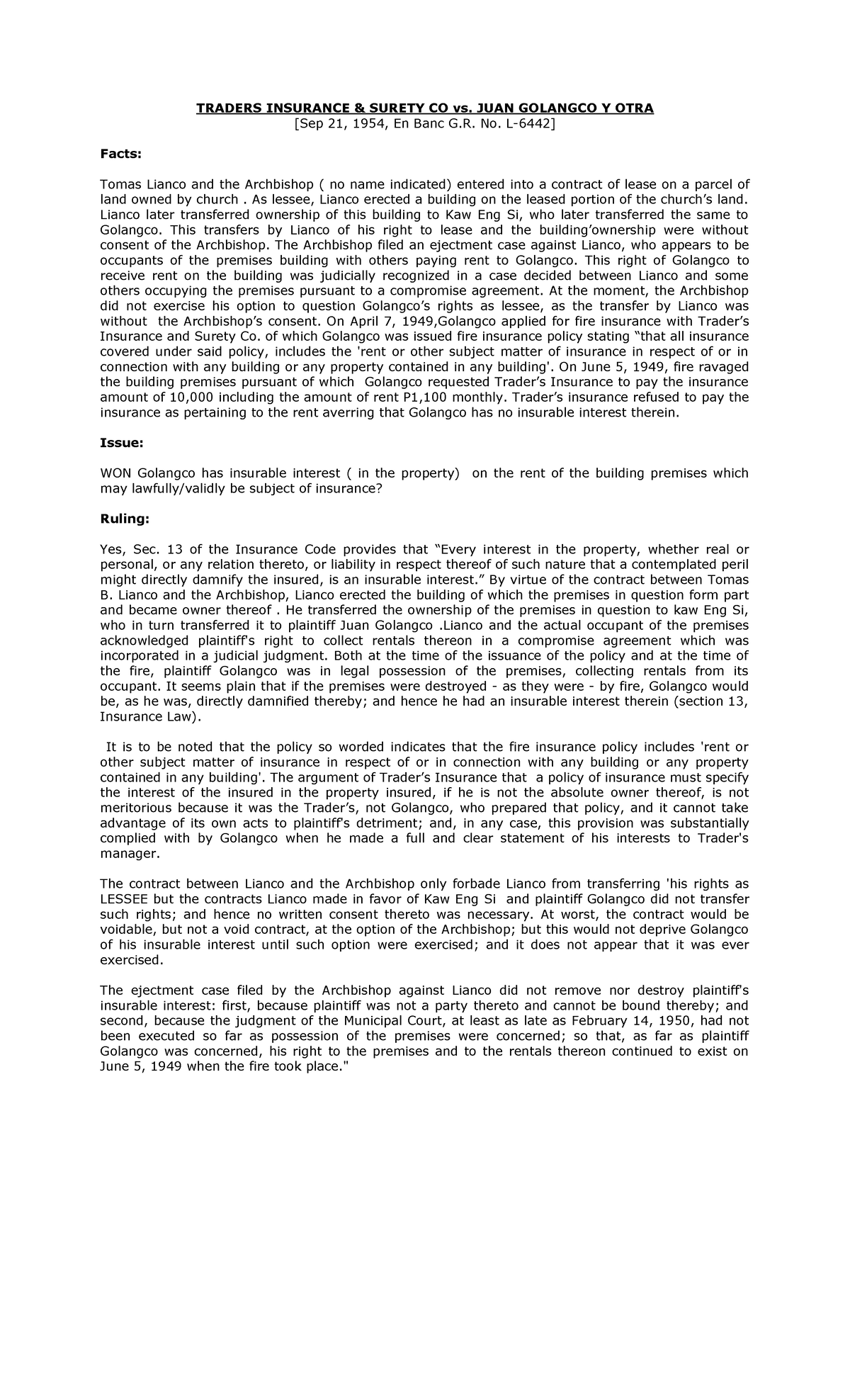 178648800 Traders Insurance v Golangco docx - TRADERS INSURANCE ...