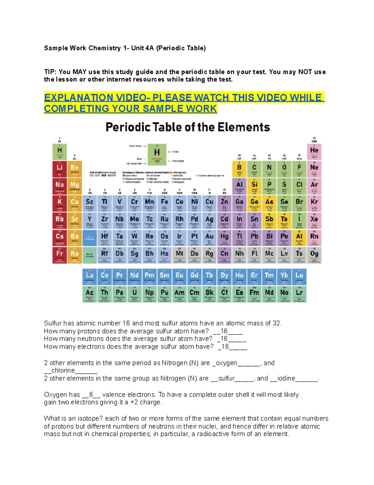 Chemistry sw - Sample Work Chemistry 1- Unit 4A (Periodic Table) TIP ...
