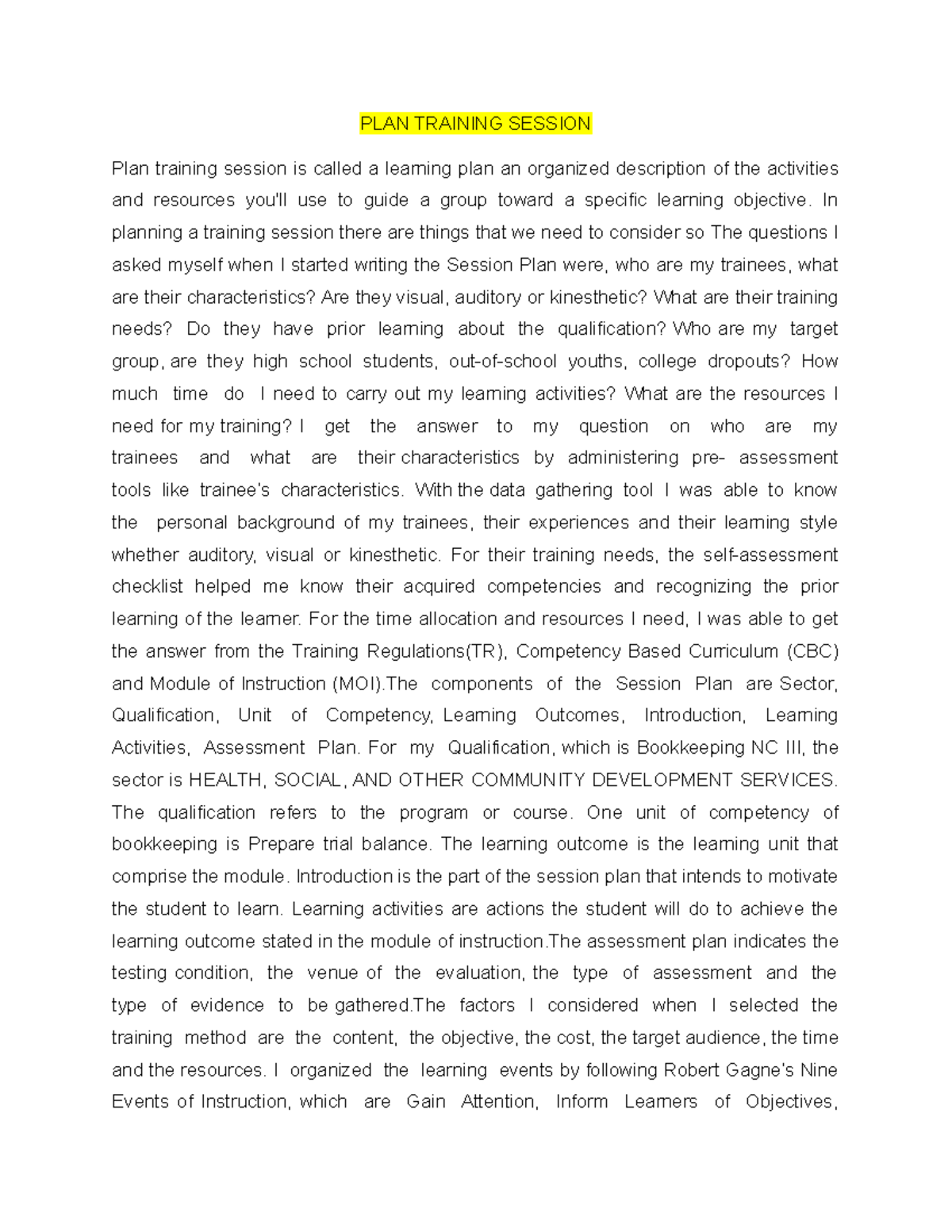 PLAN Training Session- Written EXAM - PLAN TRAINING SESSION Plan ...