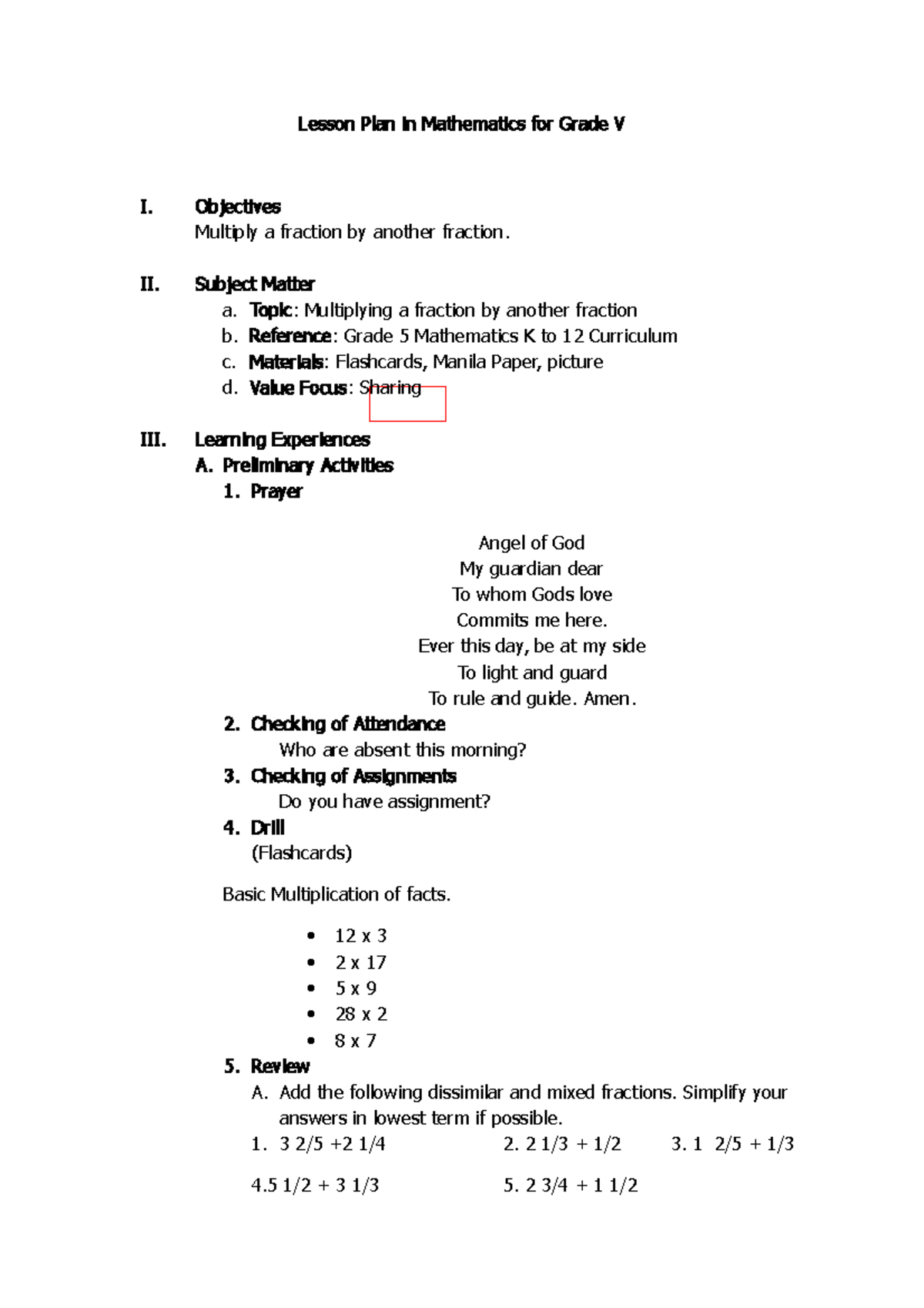 Lesson Plan in Mathematics for Grade 5 - Objectives Multiply a fraction ...