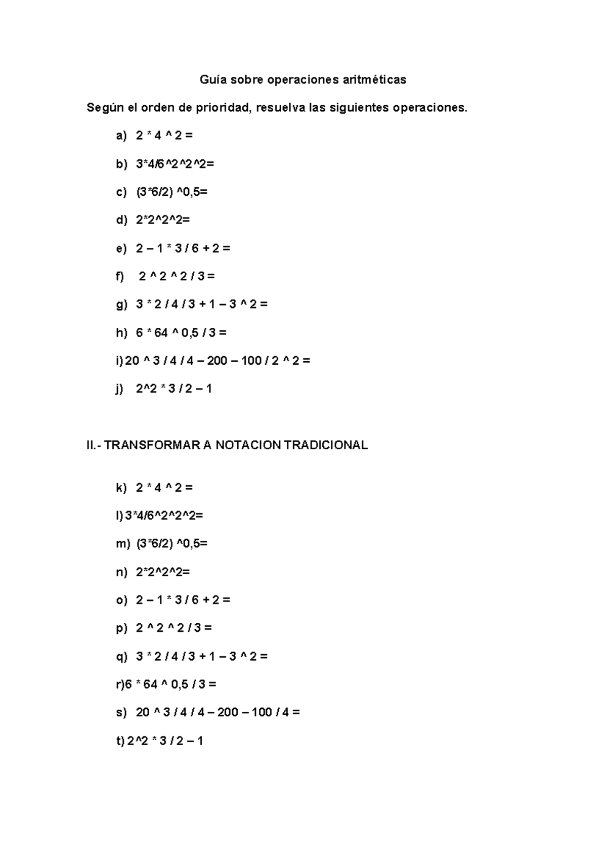 Guia ejercicios prioridad operadores - Guía sobre operaciones ...