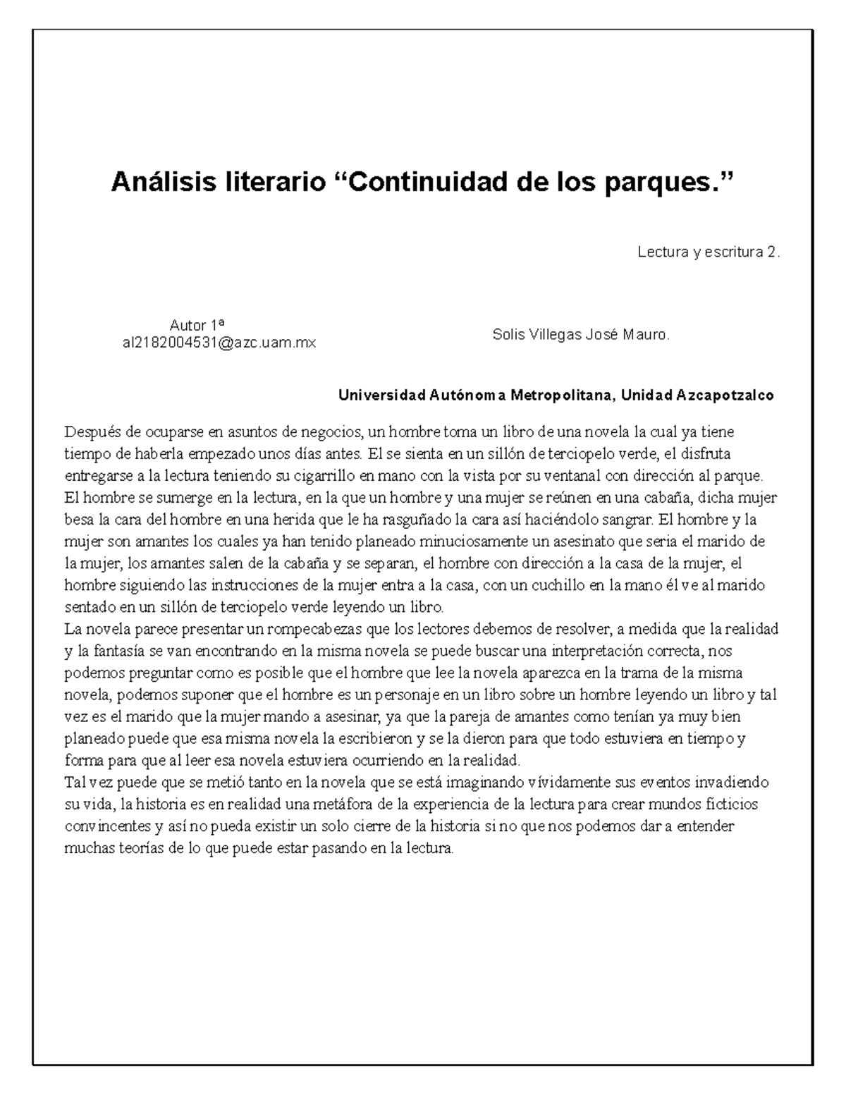 Analisis Continuidad De Los Parques - Análisis literario “Continuidad ...