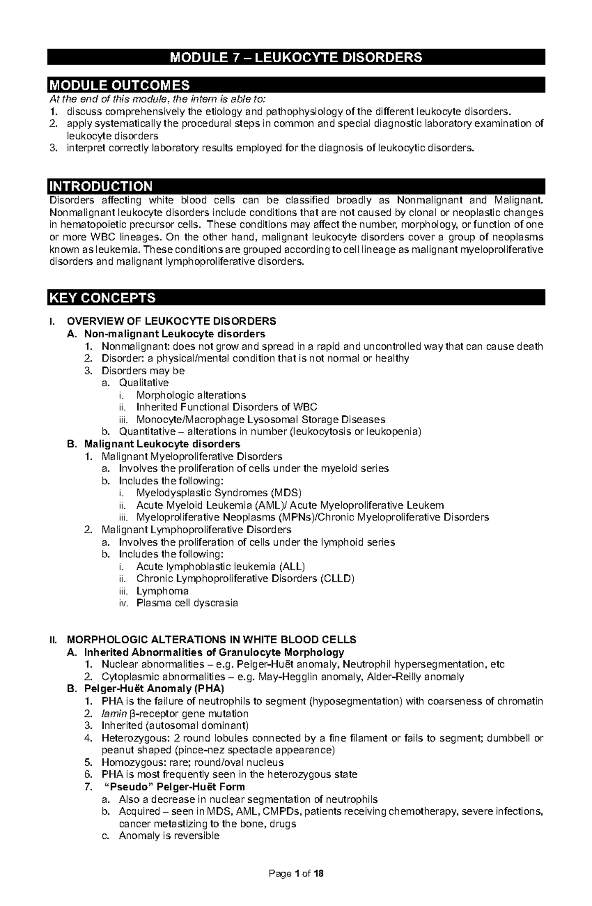 Module-7-Key-Concepts - MODULE 7 3 LEUKOCYTE DISORDERS MODULE OUTCOMES ...