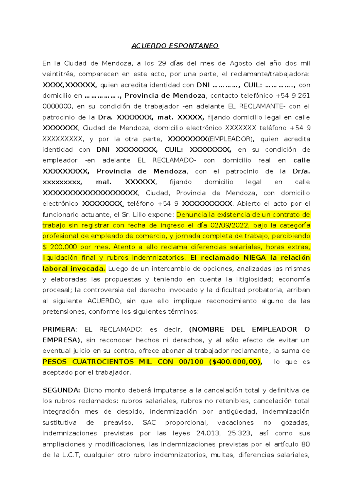 Modelo Acuerdo Espontaneo - ACUERDO ESPONTANEO En la Ciudad de Mendoza ...