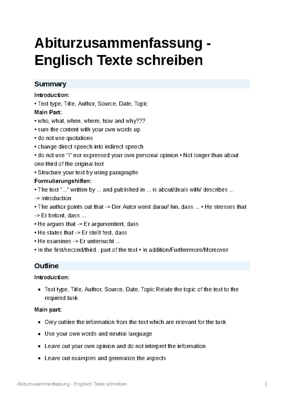 Abiturzusammenfassung - Englisch Texte schreiben ...