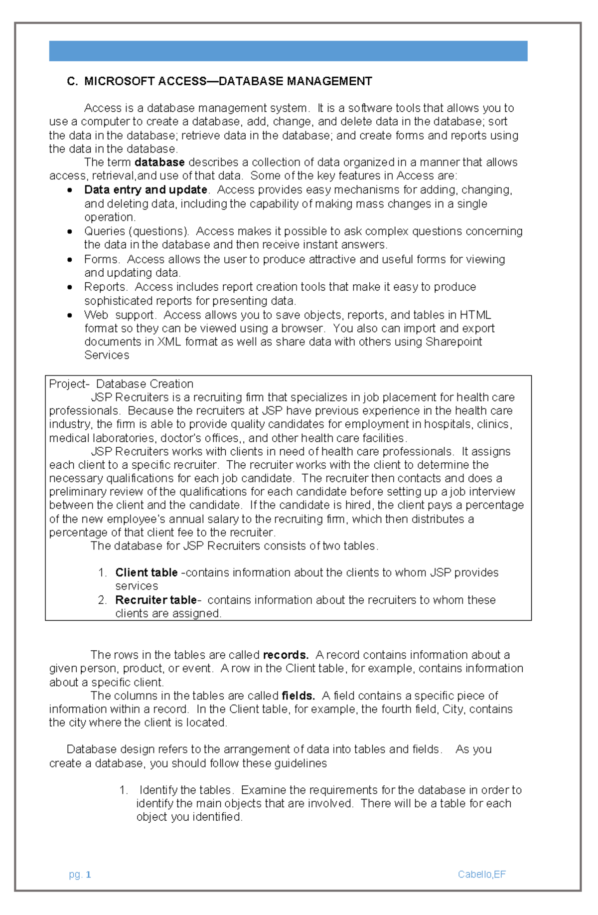Handout Ms Access C Microsoft Access—database Management Access Is A Database Management