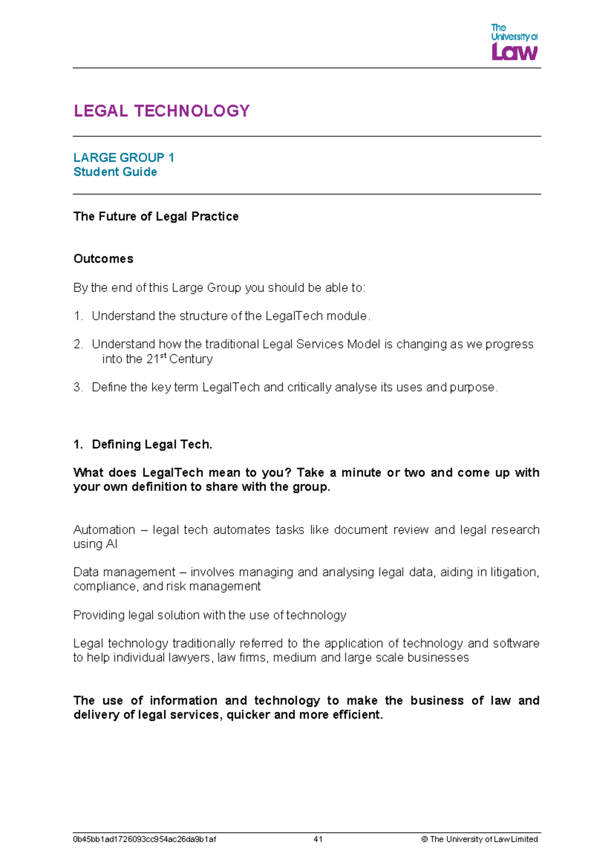 Legal Technology Student Guide Unit 1 - LEGAL TECHNOLOGY LARGE GROUP 1 Student Guide The Future ...
