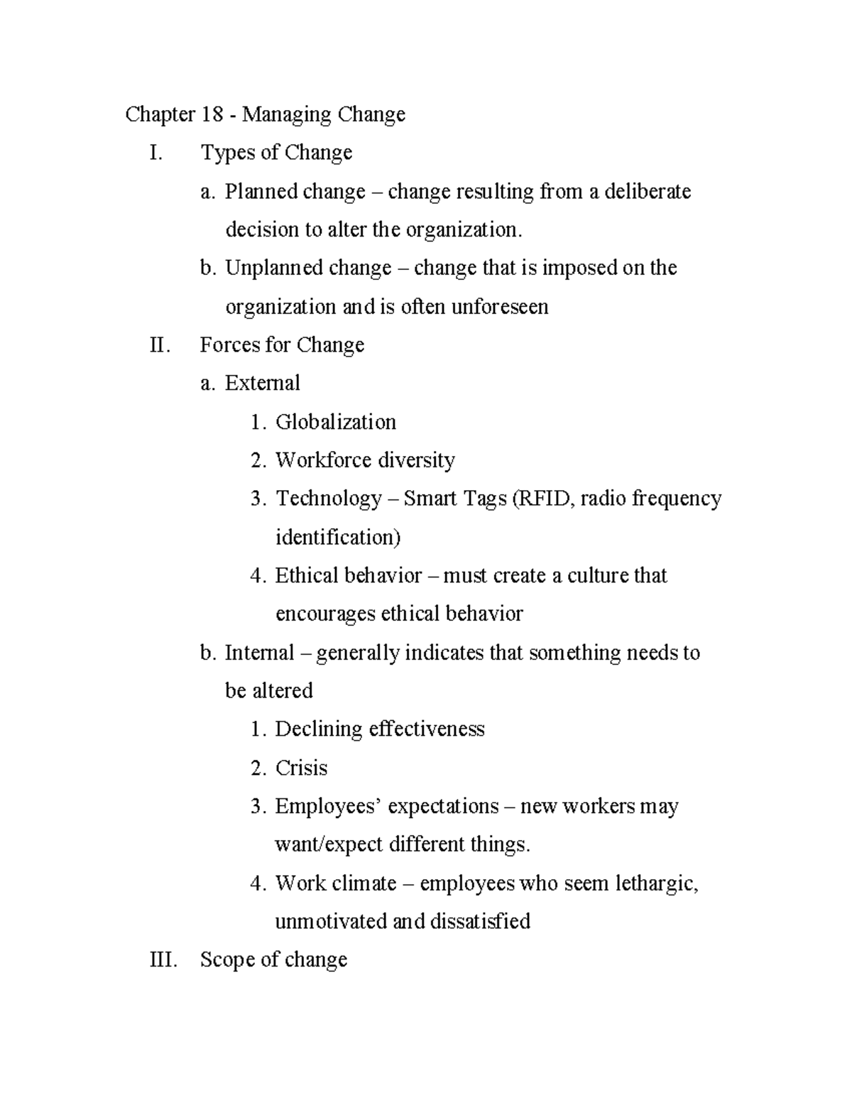Chapter 18 Outline - notes - Chapter 18 - Managing Change I. Types of ...