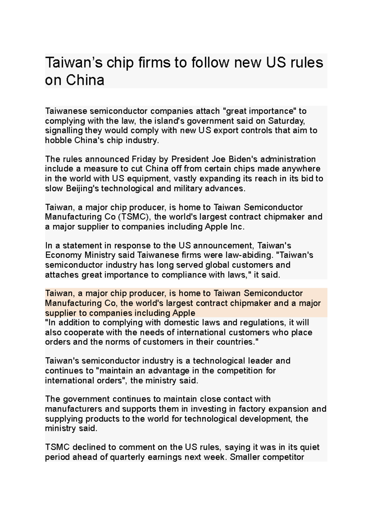 Taiwan’s chip firms to follow new US rules on China - Taiwan’s chip ...