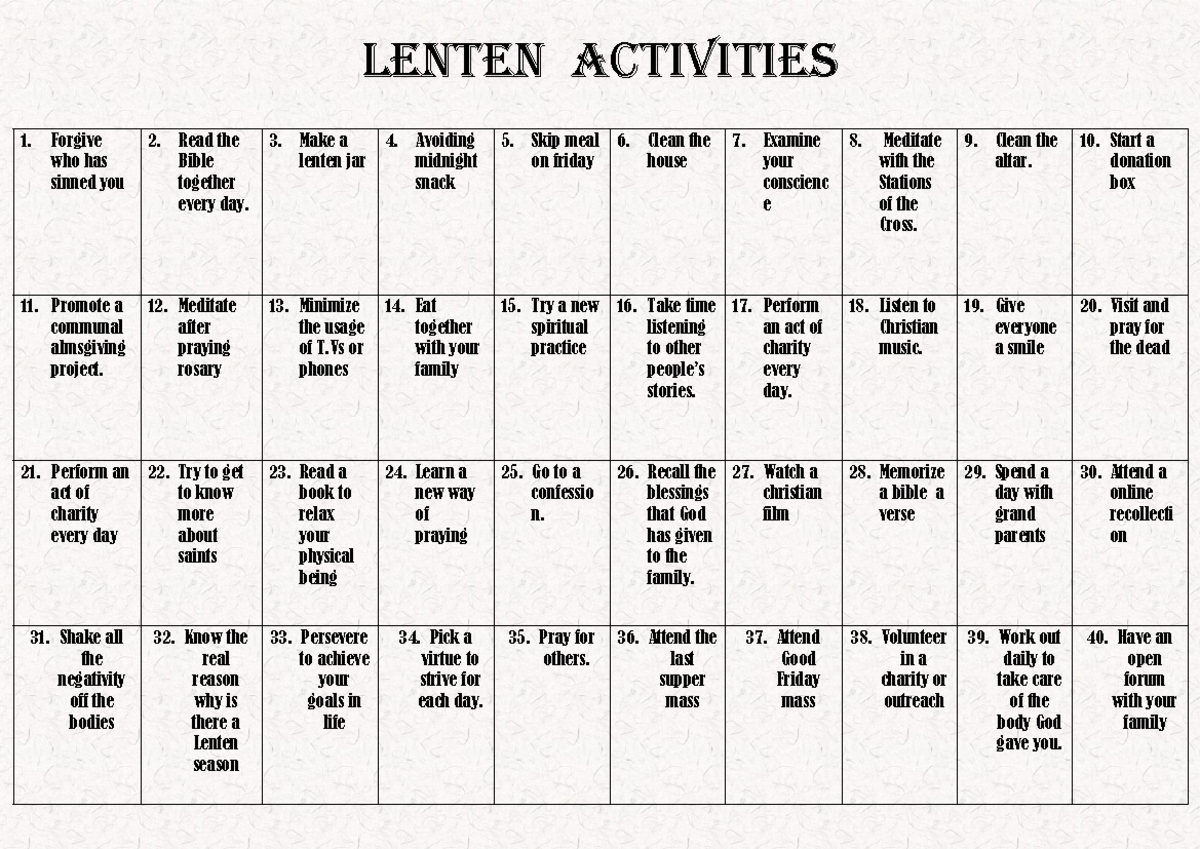 B-7 Baldon ST Agatha- Activity Lenten BOX - LENTEN ACTIVITIES Forgive ...