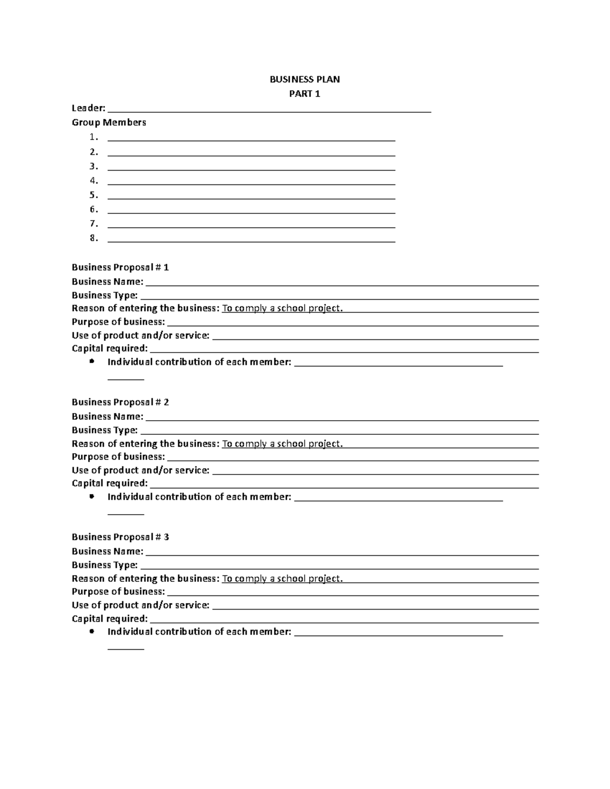 Business PLAN 1 Format - hha - BUSINESS PLAN PART 1 Leader: Group ...