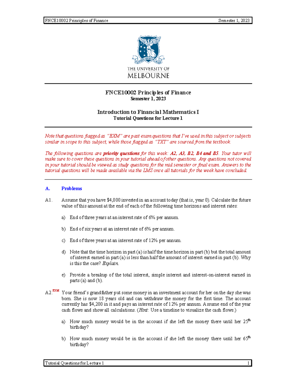 Tutorial 01 - Fin Math 1 - Week One Tute - FNCE10002 Principles of ...