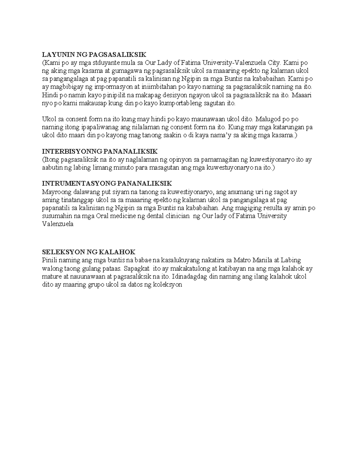 Inform consent tagalog - LAYUNIN NG PAGSASALIKSIK (Kami po ay mga ...