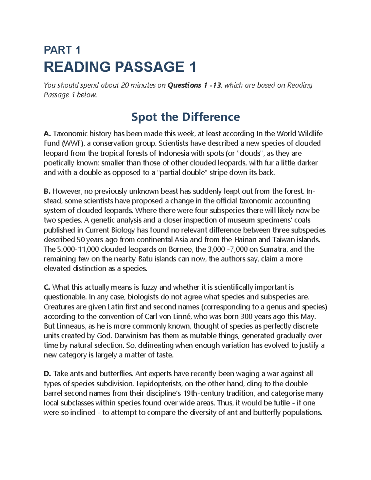 Part 1 - qweqe - PART 1 READING PASSAGE 1 You should spend about 20 ...