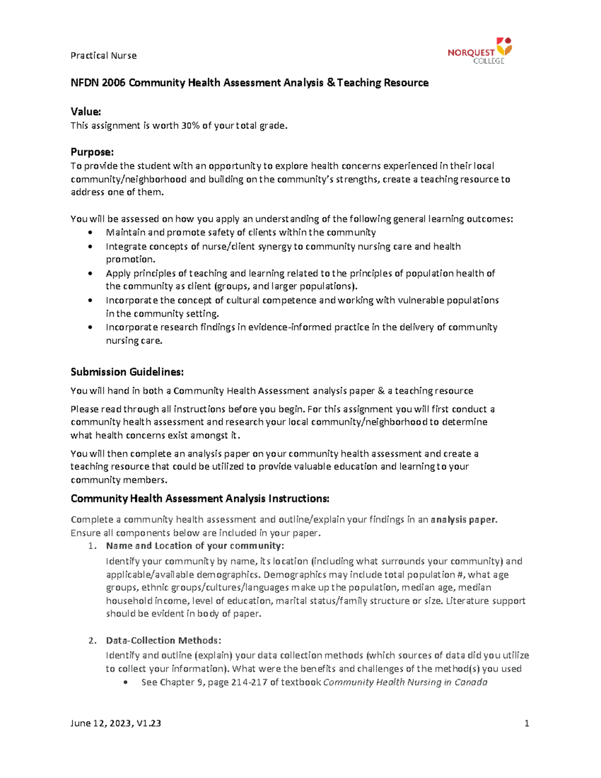 NFDN 2006 Assignment 1 Community Health Assessment Analysis and ...