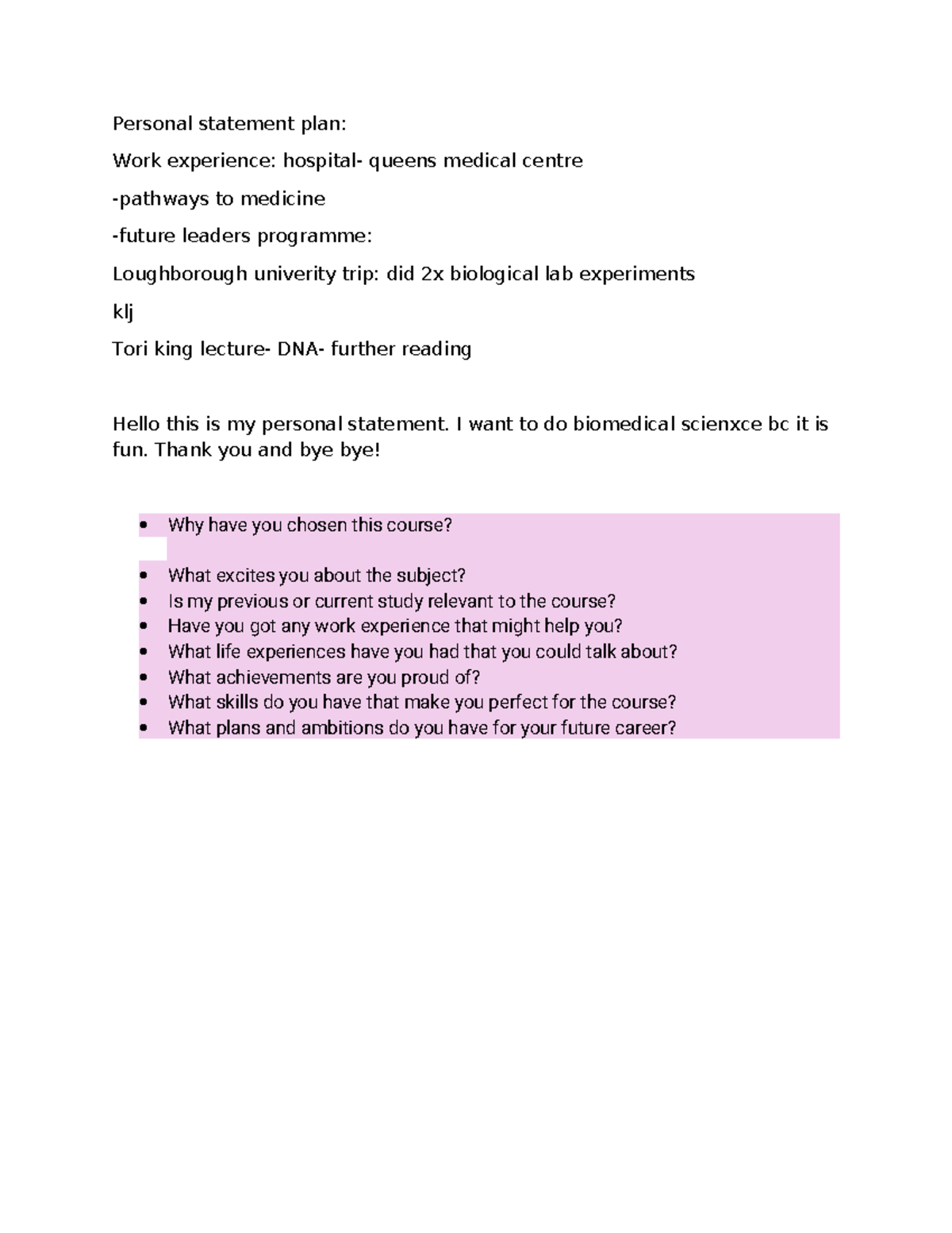 Document 1 - Vfnjirg - Personal statement plan: Work experience ...