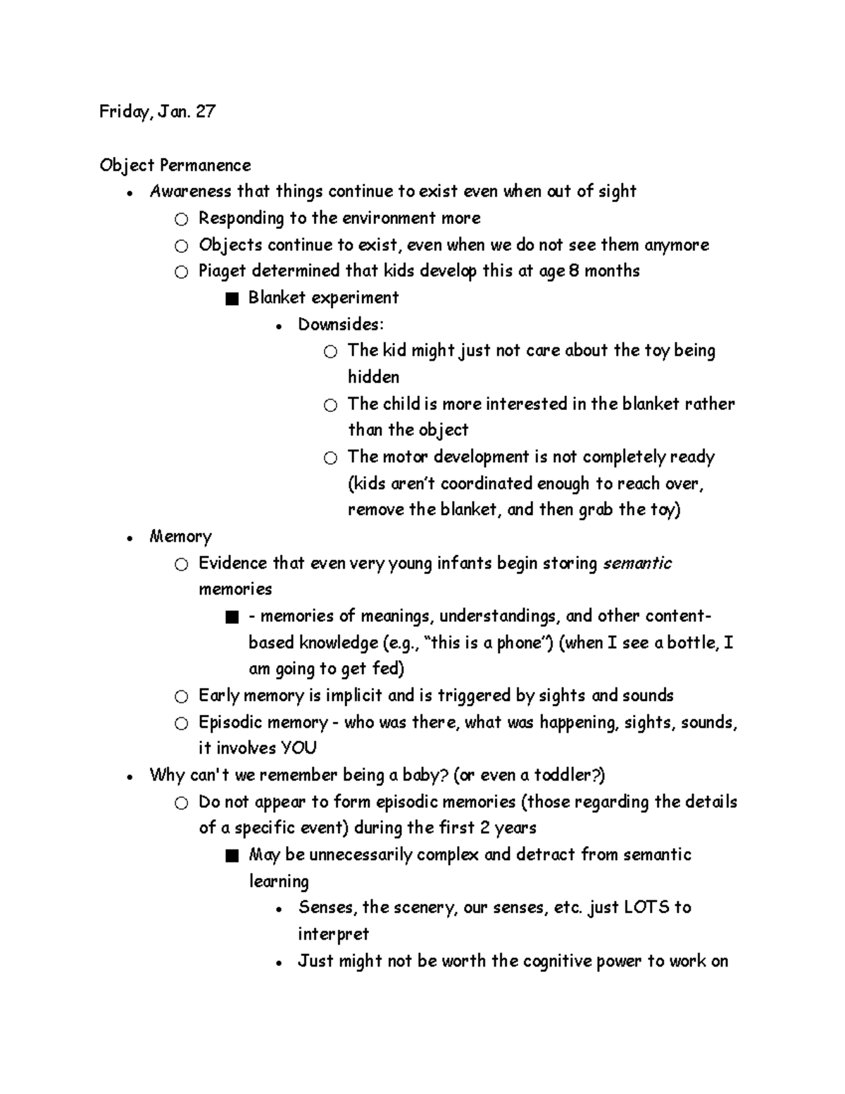 Object Permanence - Friday, Jan. 27 Object Permanence Awareness that ...
