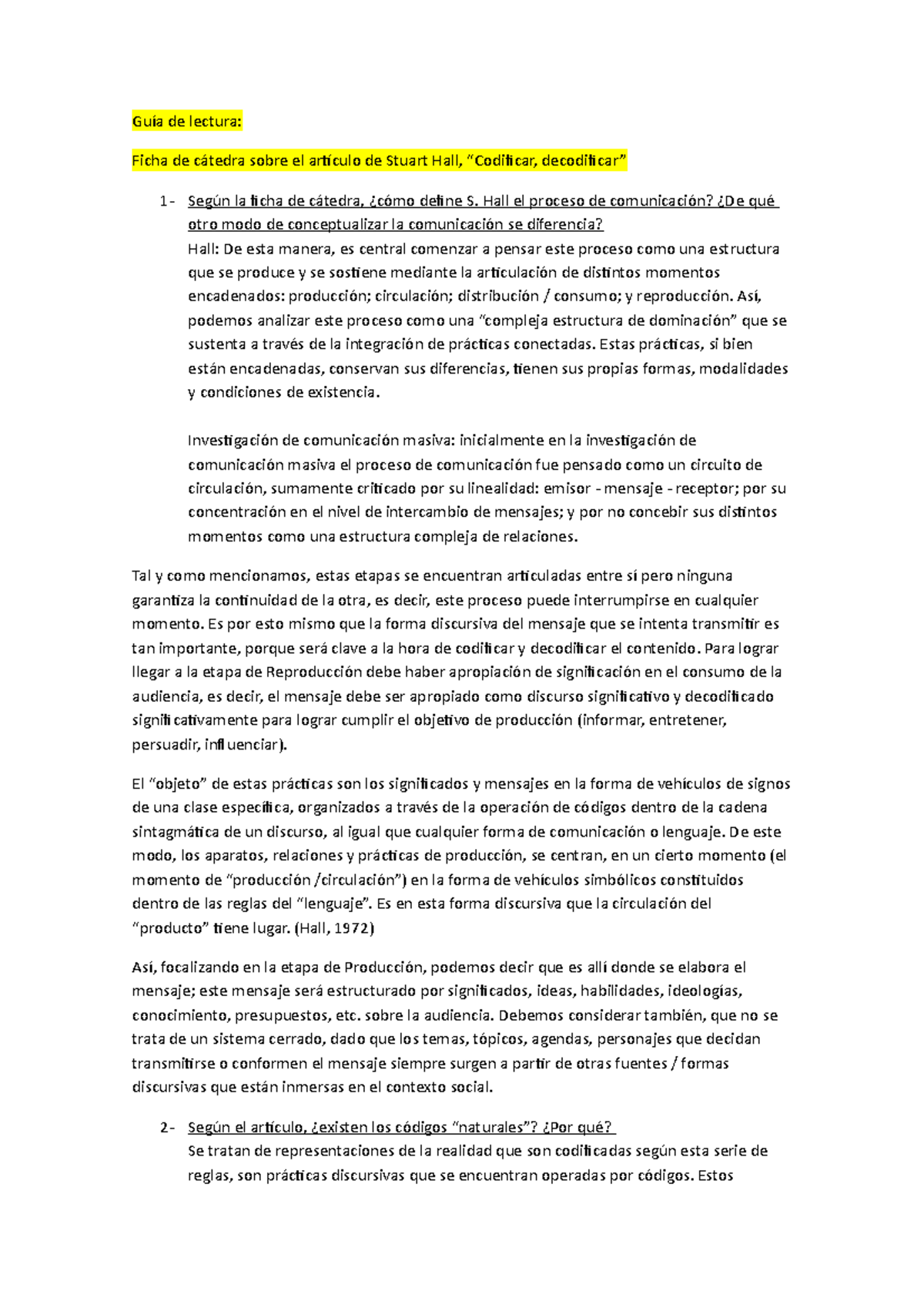Resumen codificar decodificar - Guía de lectura: Ficha de cátedra sobre ...