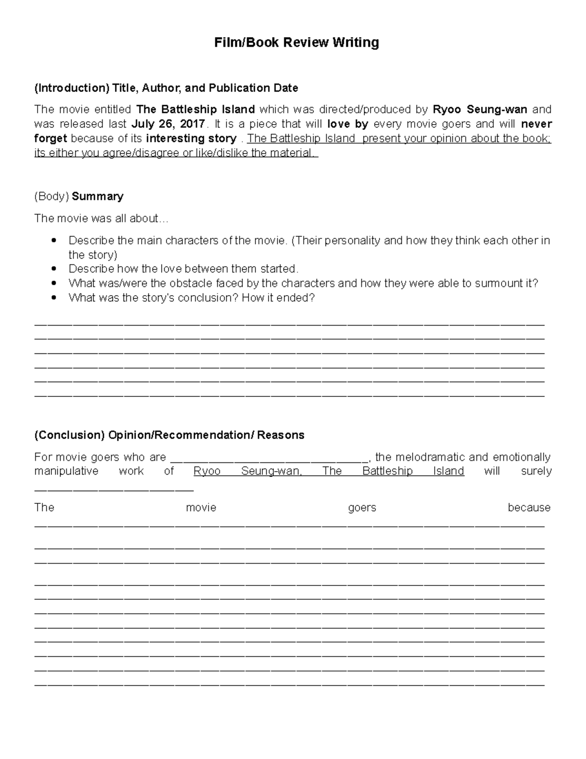 Book Review Activity Copy - Film/Book Review Writing (Introduction ...