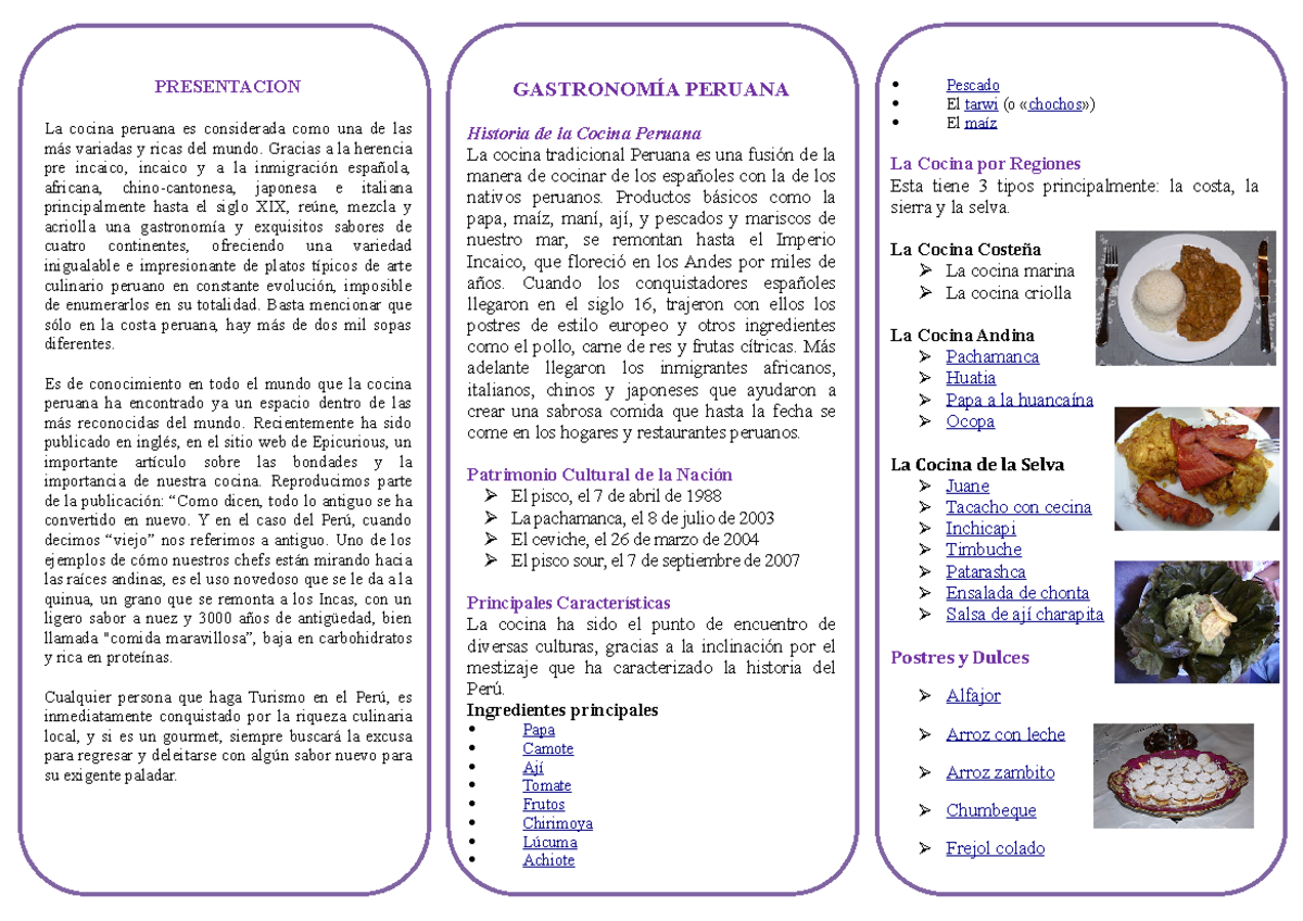Gastronomia Peruana triptico docx - PRESENTACION La cocina peruana es considerada como una de ...