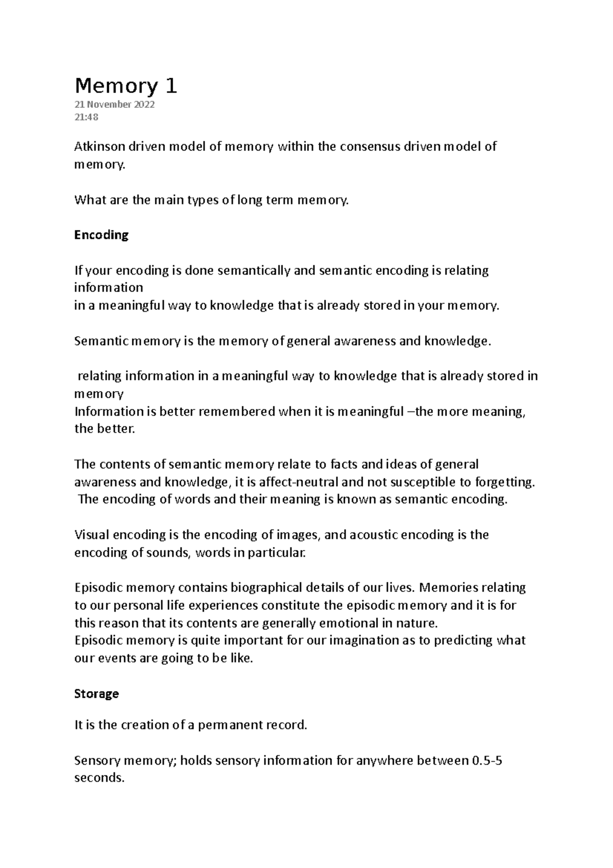 Psych 101 Memory 1 - Memory 1 21 November 2022 21: Atkinson driven model of memory within the ...