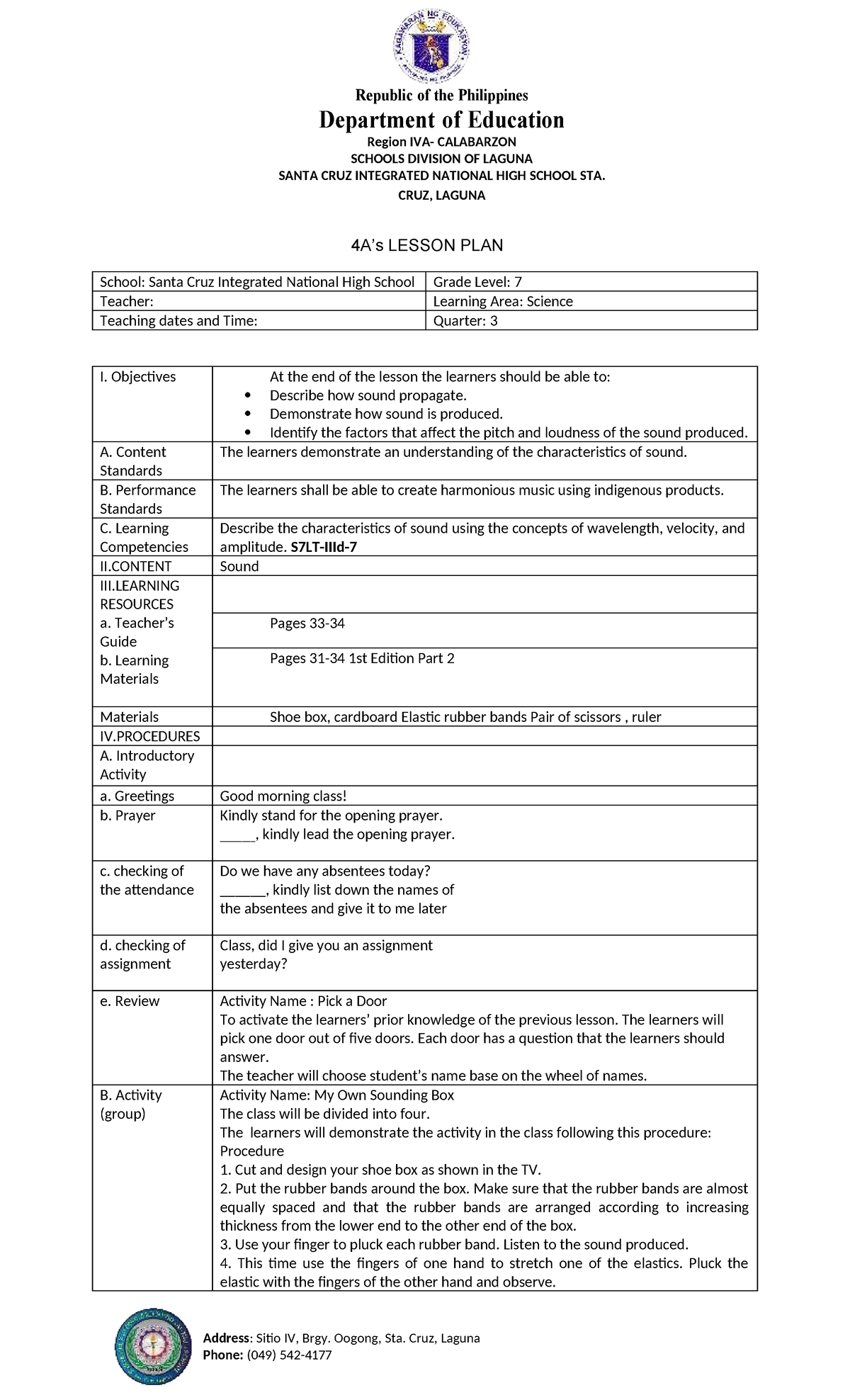 4A's Lesson PLAN-Madia Science 7 - Republic of the Philippines ...