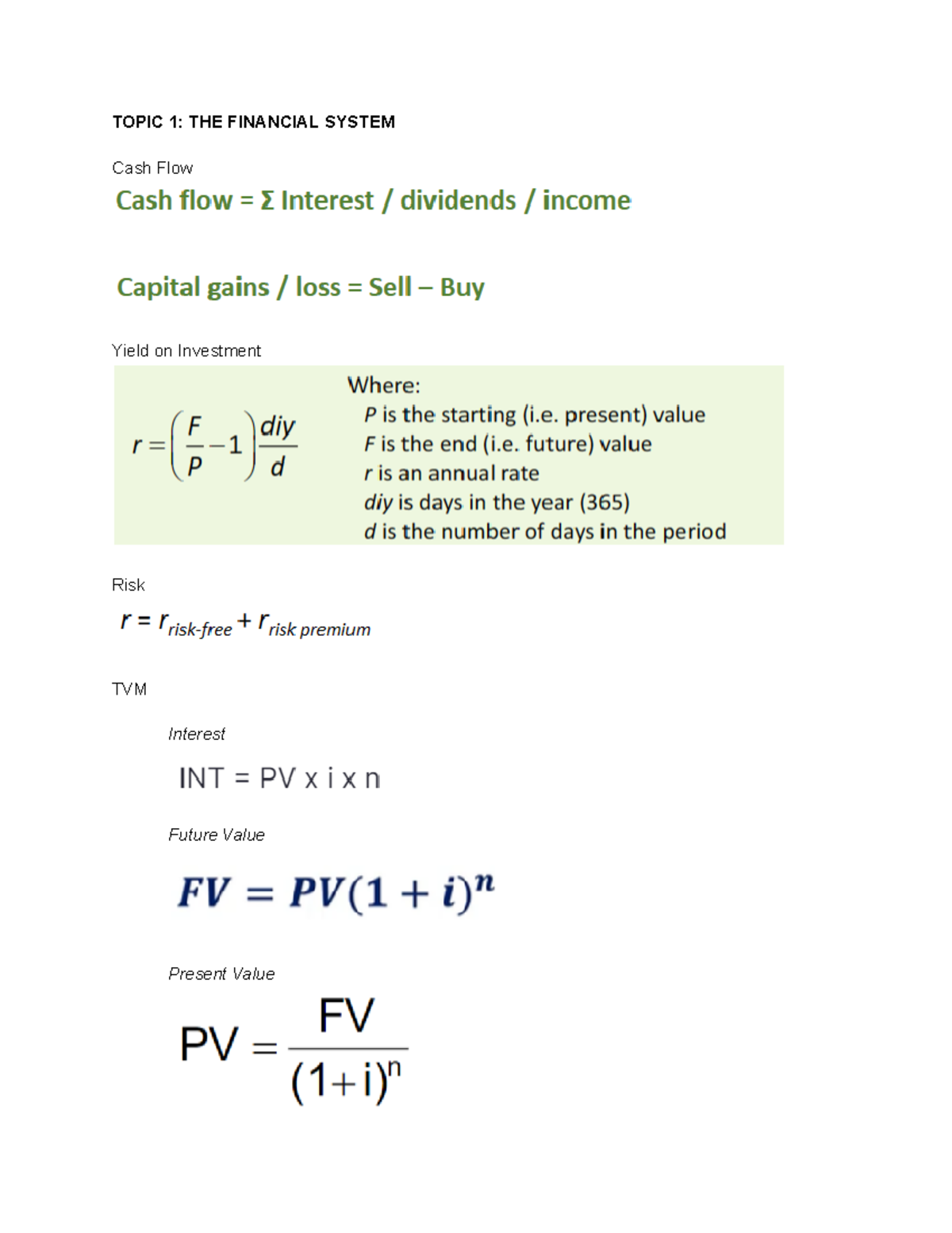 Formula Sheet - TOPIC 1: THE FINANCIAL SYSTEM Cash Flow Yield on ...