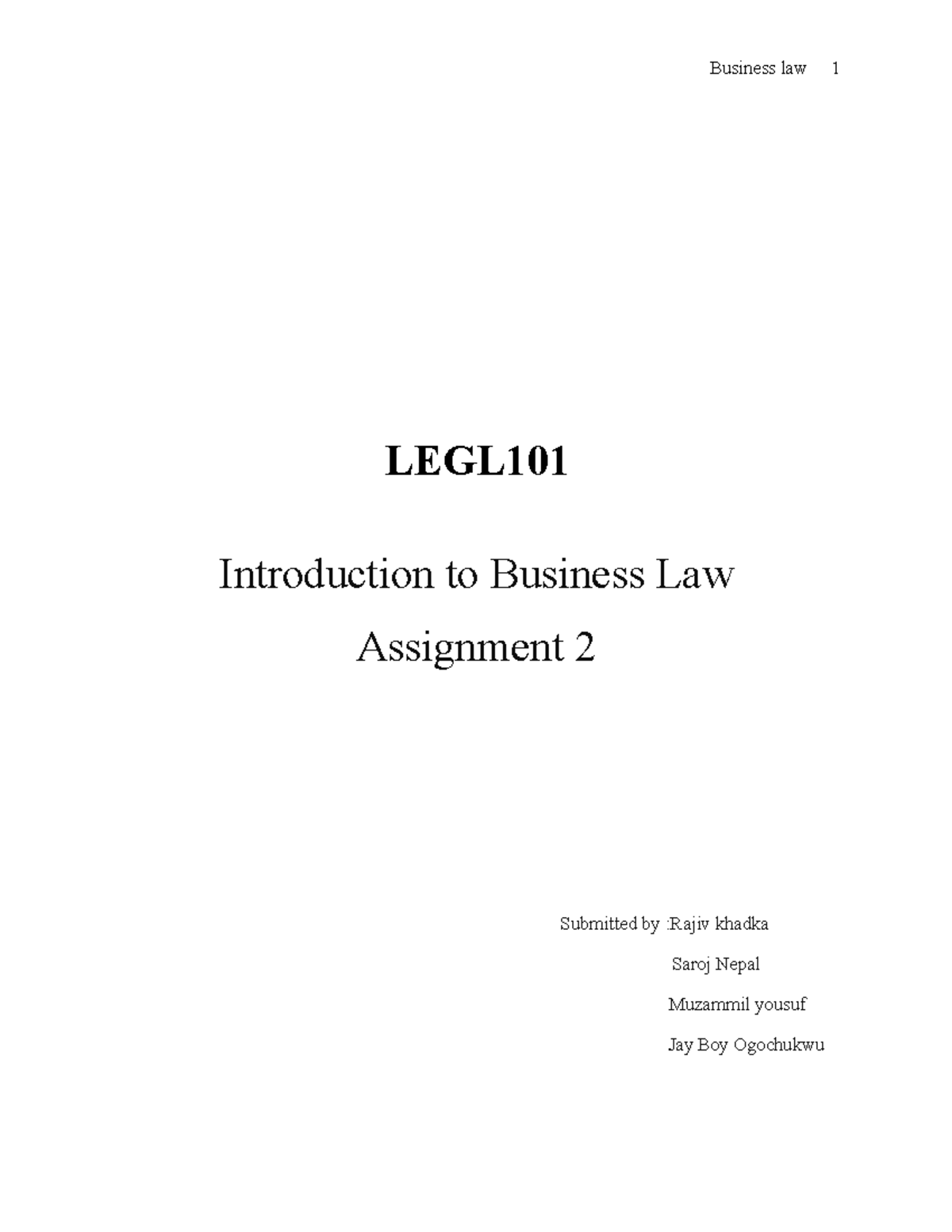 Law assignment 2 copy - Law - LEGL Introduction to Business Law ...
