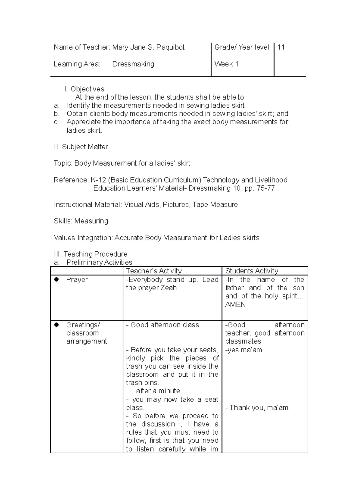 Lesson plan DEMO 4 - education - Name of Teacher: Mary Jane S. Paquibot ...