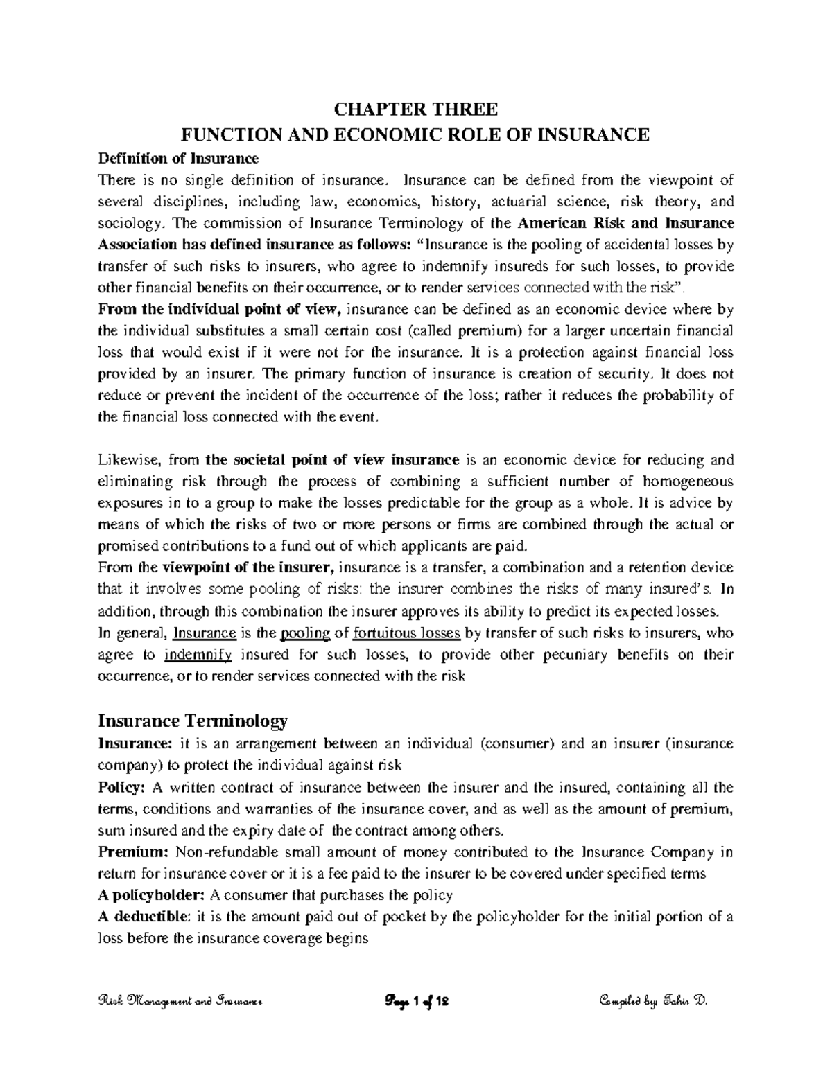 Hid Ch 3 Insurance - Investment - CHAPTER THREE FUNCTION AND ECONOMIC ...