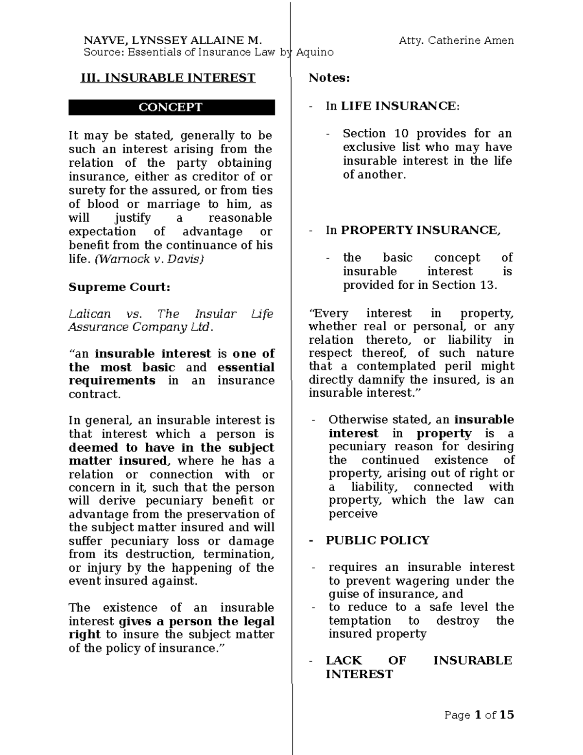 Insurable Interest - Notes - Source: Essentials of Insurance Law by ...