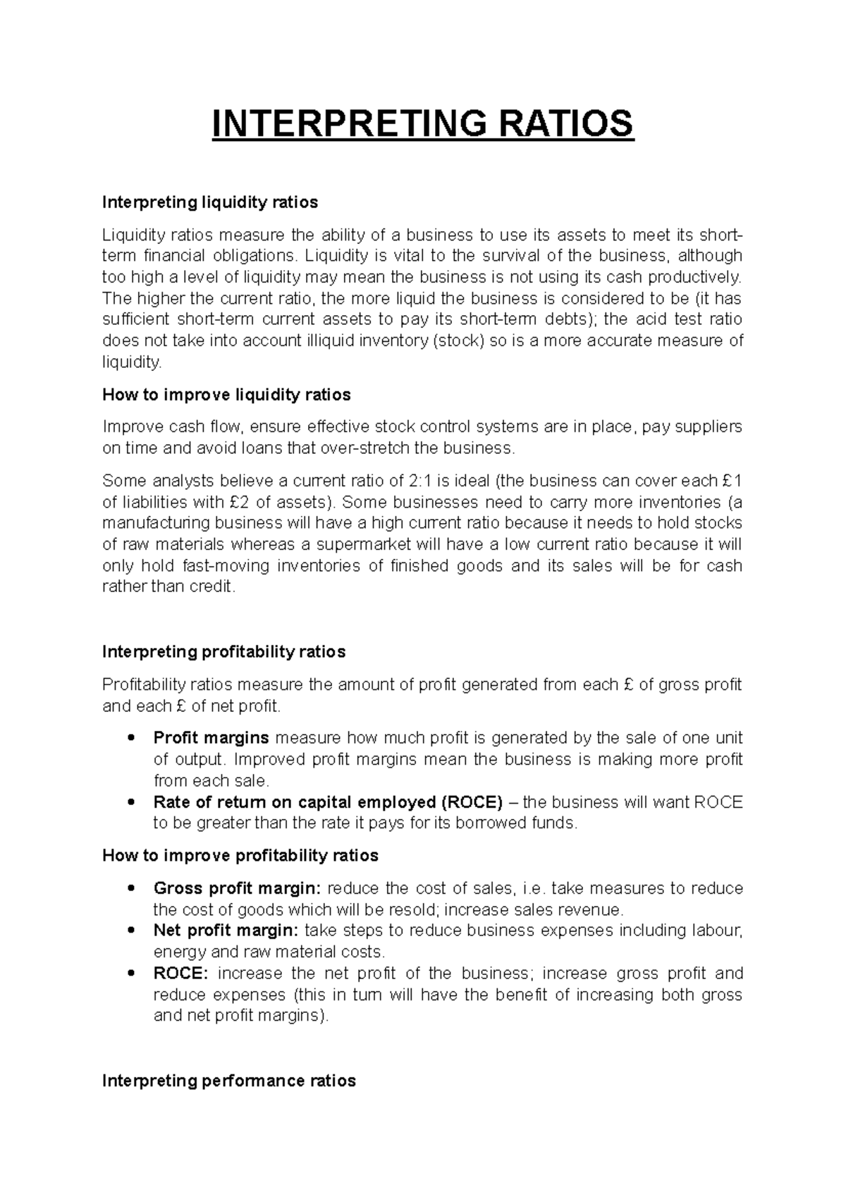Interpreting-Ratios - Class notes - INTERPRETING RATIOS Interpreting ...