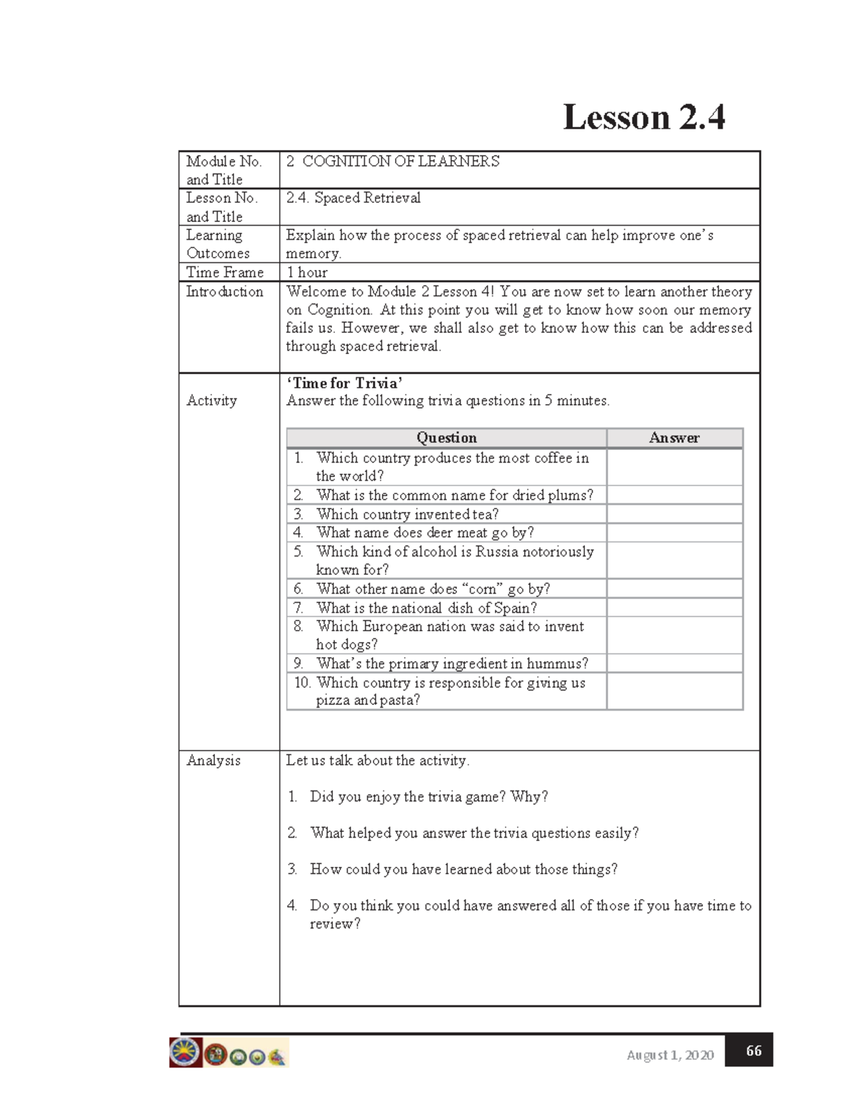 Module - 8 2021 Notes - Lesson 2. Module No. and Title 2 COGNITION OF ...