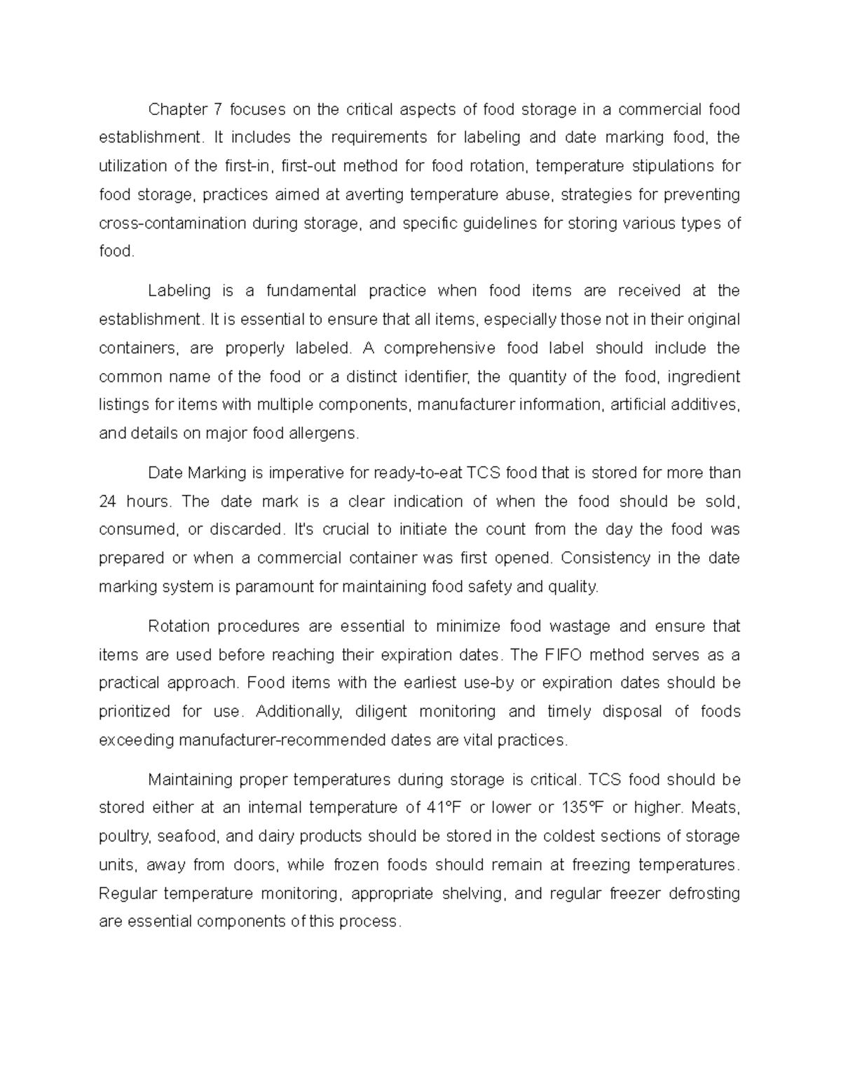 Serv Safe Chapter 7 Storage - Chapter 7 focuses on the critical aspects ...