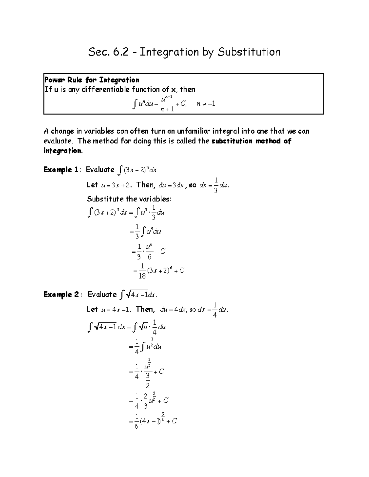 Calc 7-2 notes - none. - Sec. 6 - Integration by Substitution Power ...