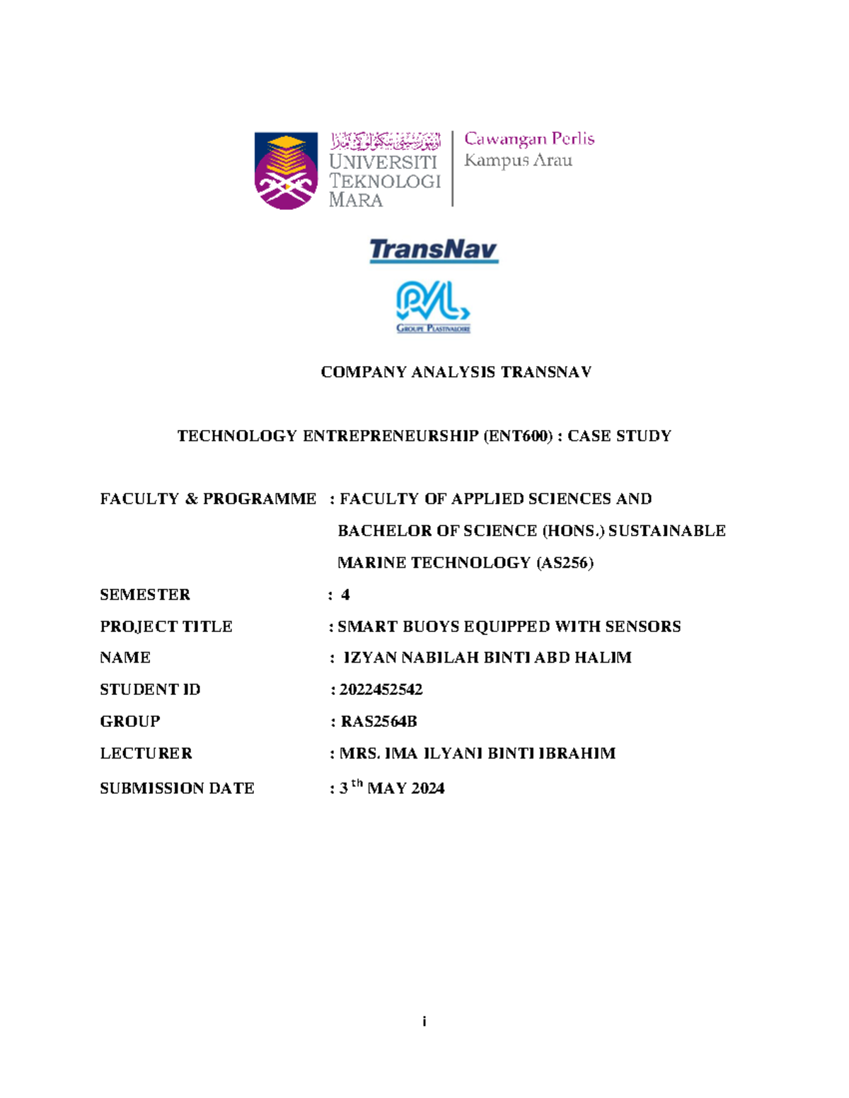 ENT600 - assignment - i COMPANY ANALYSIS TRANSNAV TECHNOLOGY ...