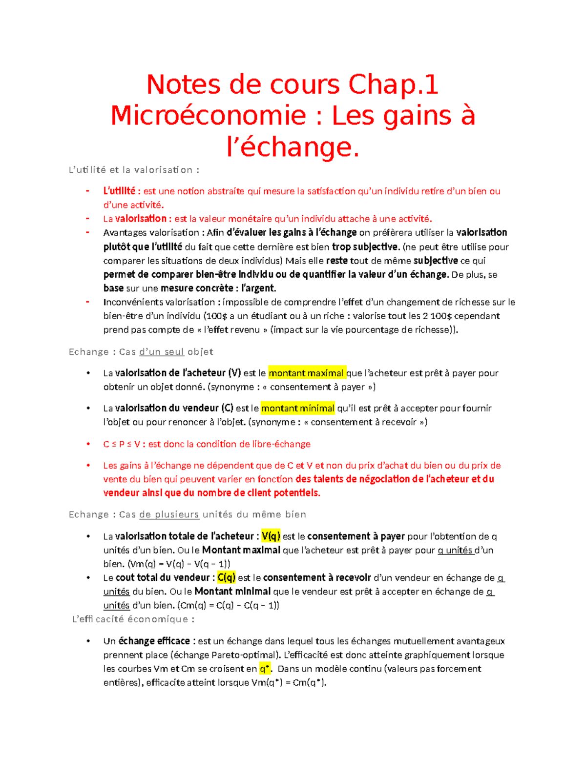 Feuille de note Chapitre 1 - Notes de cours Chap. Microéconomie : Les ...